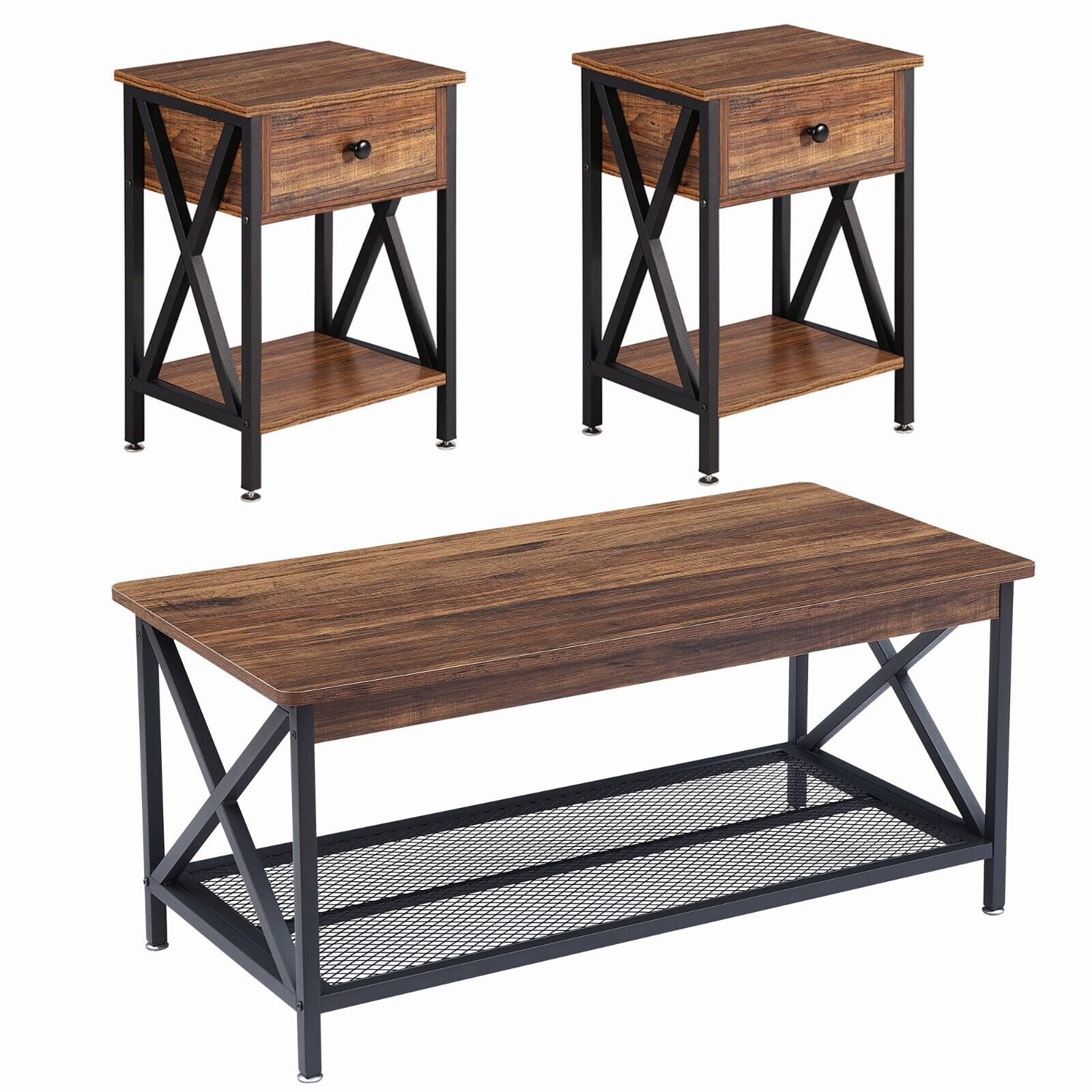 3 Piece Coffee Table Set 2 End Tables Wooden Sofa Occasional Set for ...