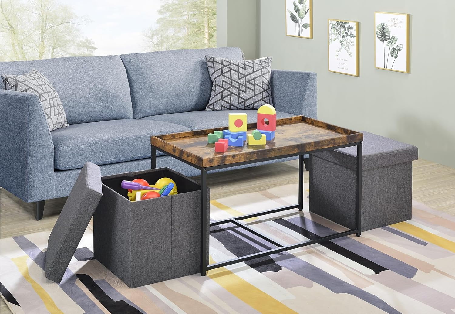 3 Piece Coffee Table Set with Oak Wood Grain and Storage Stools ...