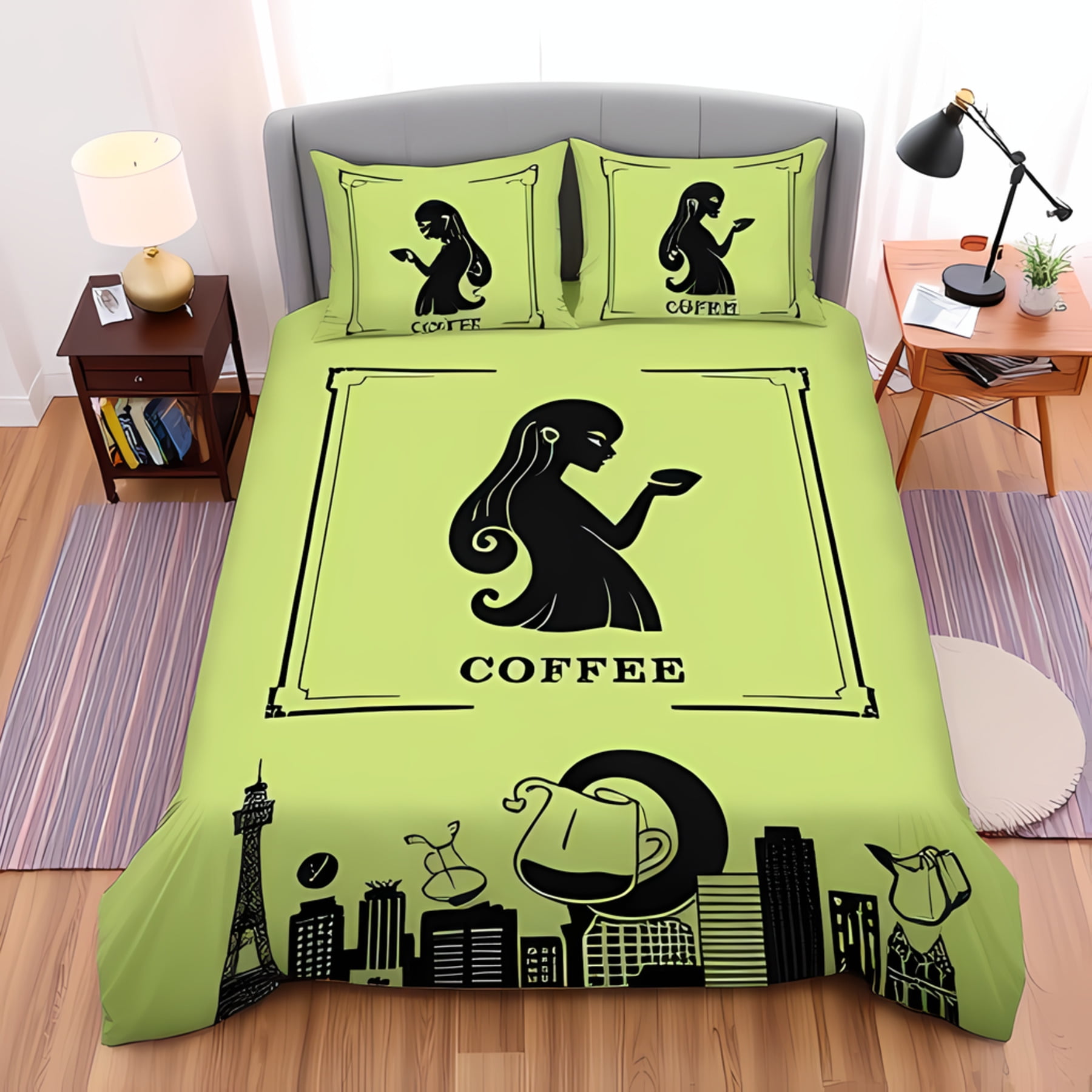 3-Piece Coffee Themed Duvet Cover Set - Vibrant Green with Elegant ...