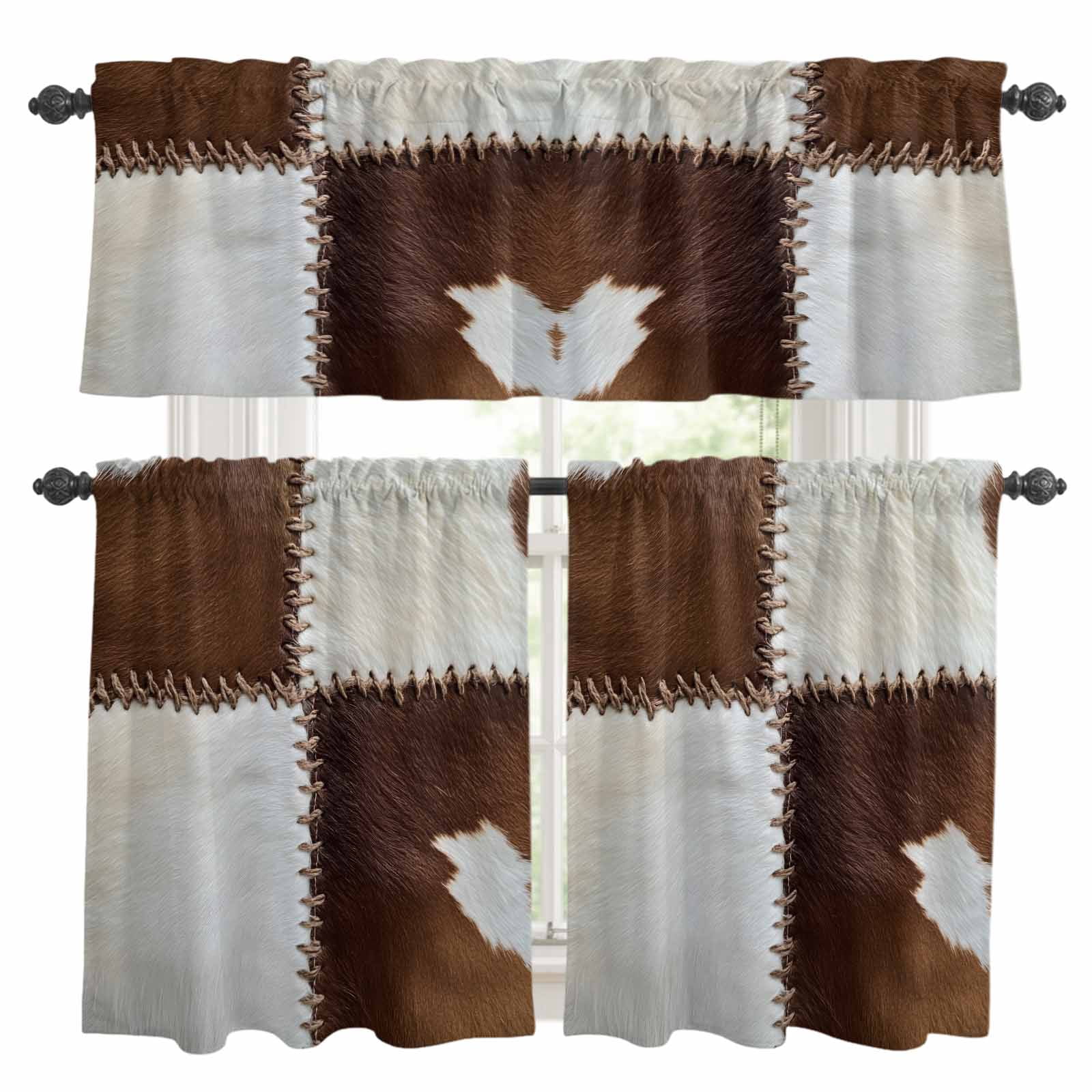 3 Piece Collage Cowhide Kitchen Curtain Valance and Tiers Set Abstract ...