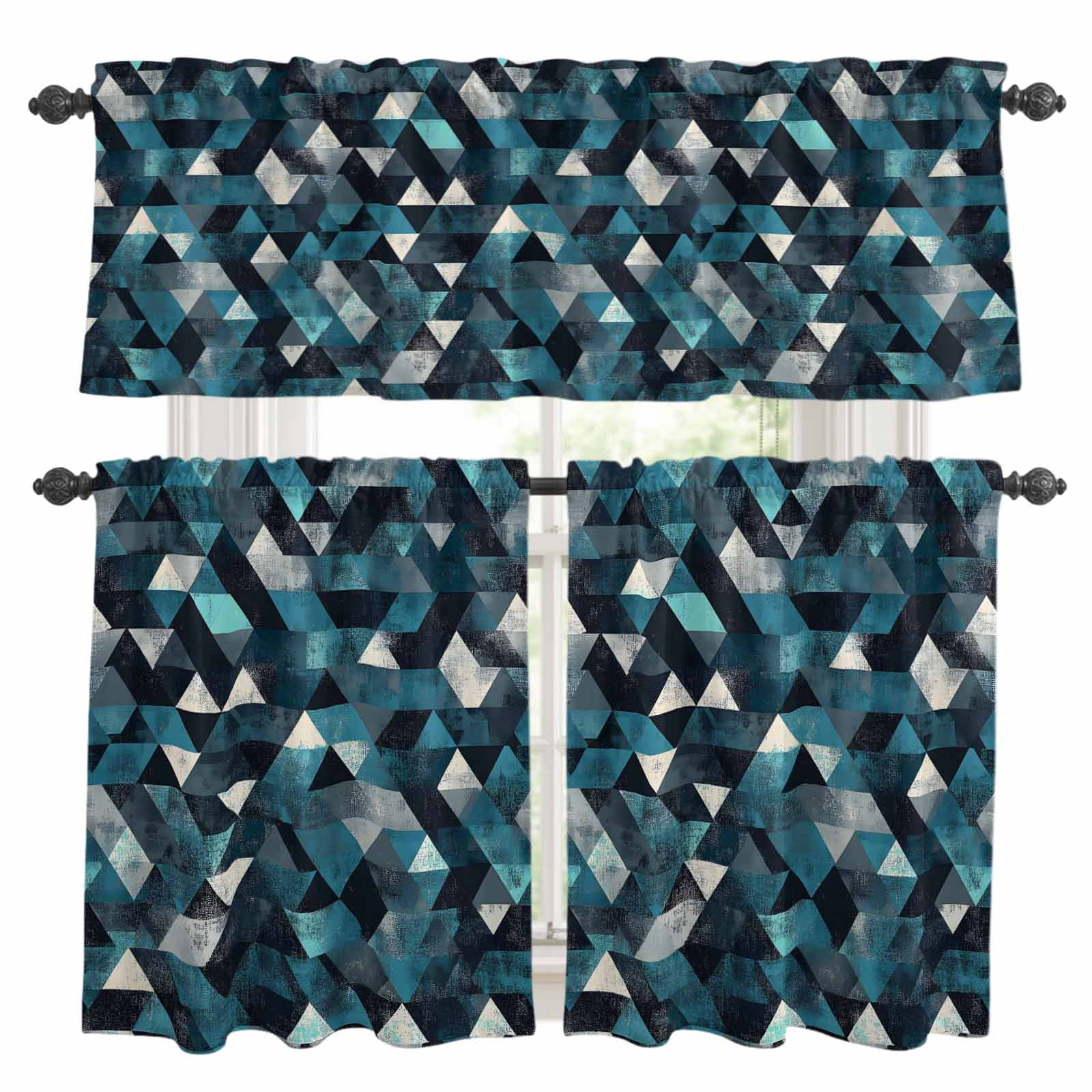 3 Piece Color Block Kitchen Curtain Valance and Tiers Set Blue White ...