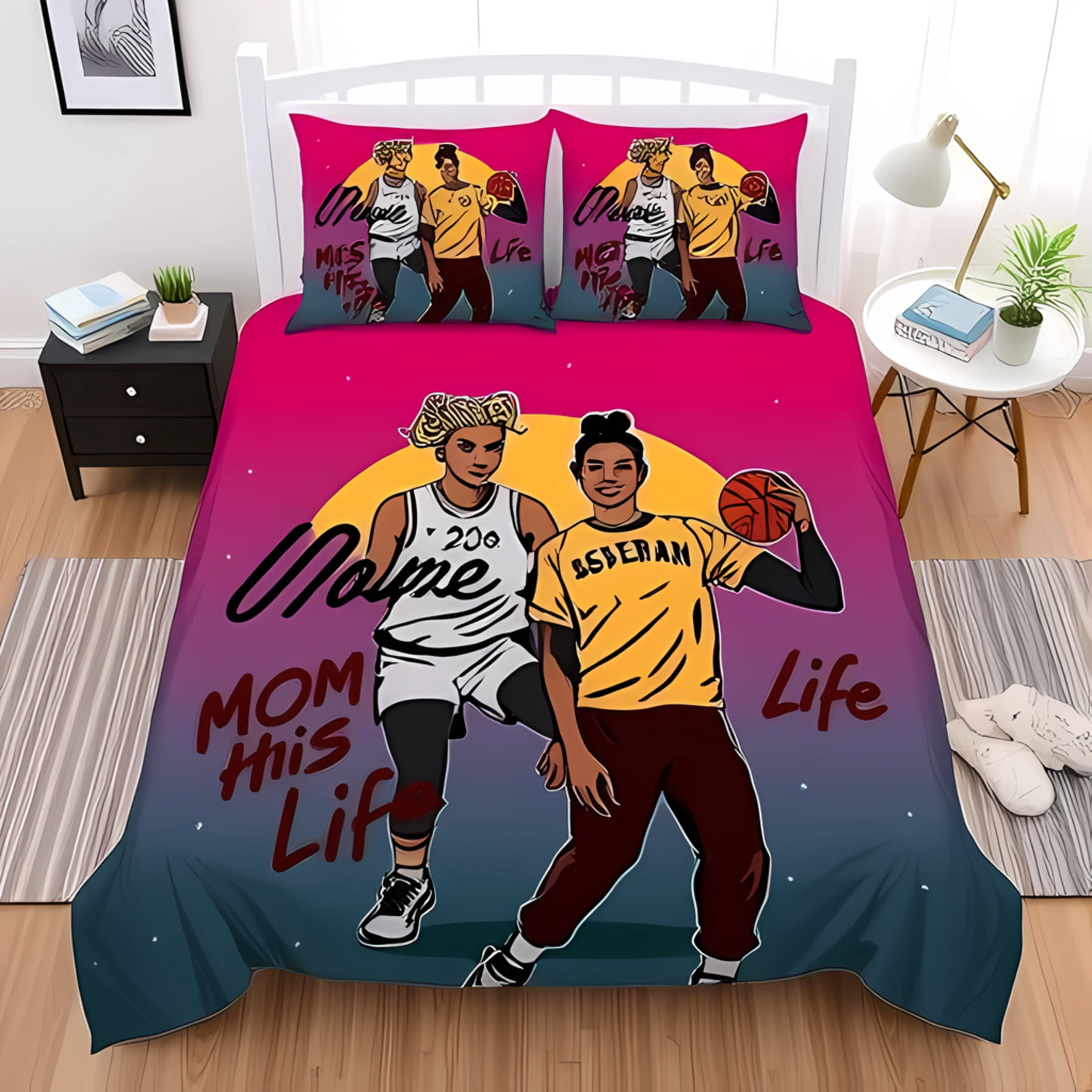 3-Piece Colorful Basketball Players Duvet Cover Set with Gradient Pink ...