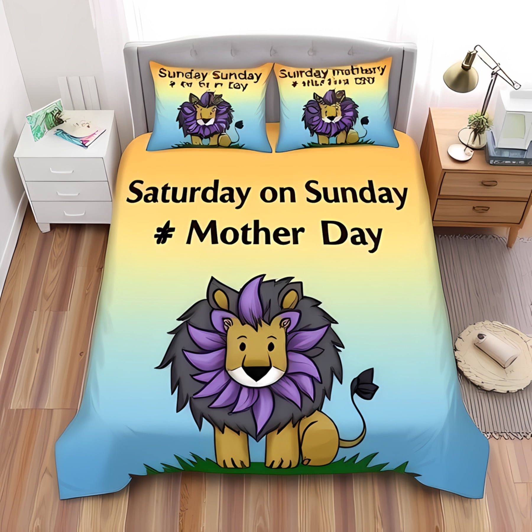 3-Piece Colorful Cartoon Lion Duvet Cover Set with Purple & " Saturday ...