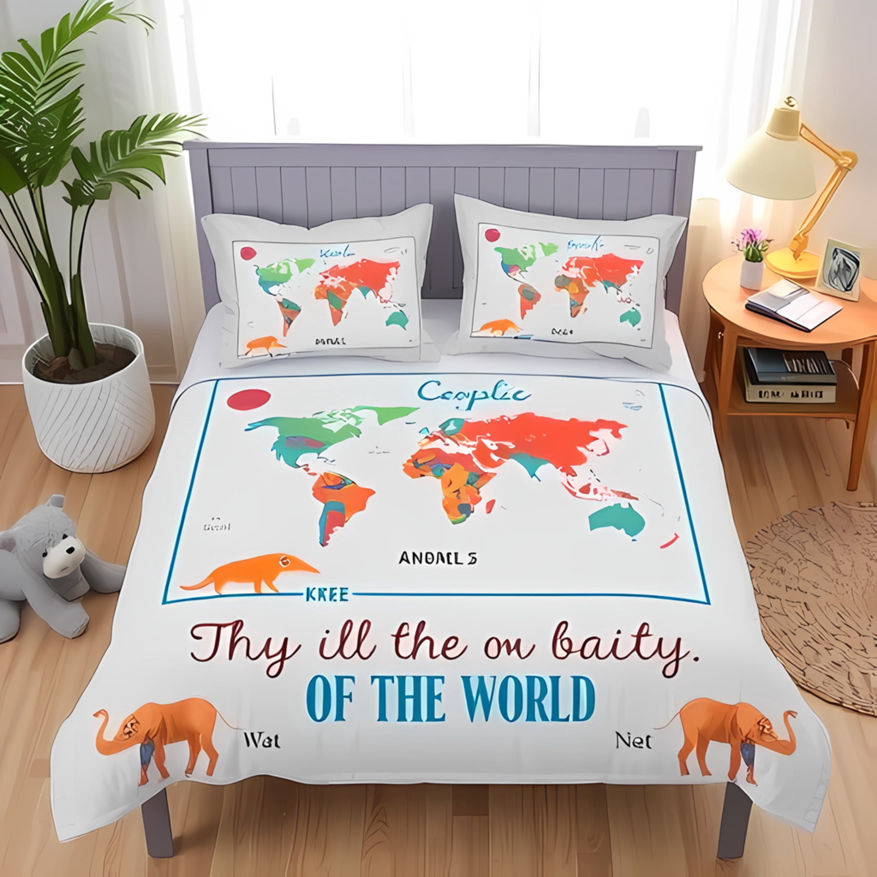3-Piece Colorful Cartoon World Map Duvet Cover Set Vibrant Continents ...
