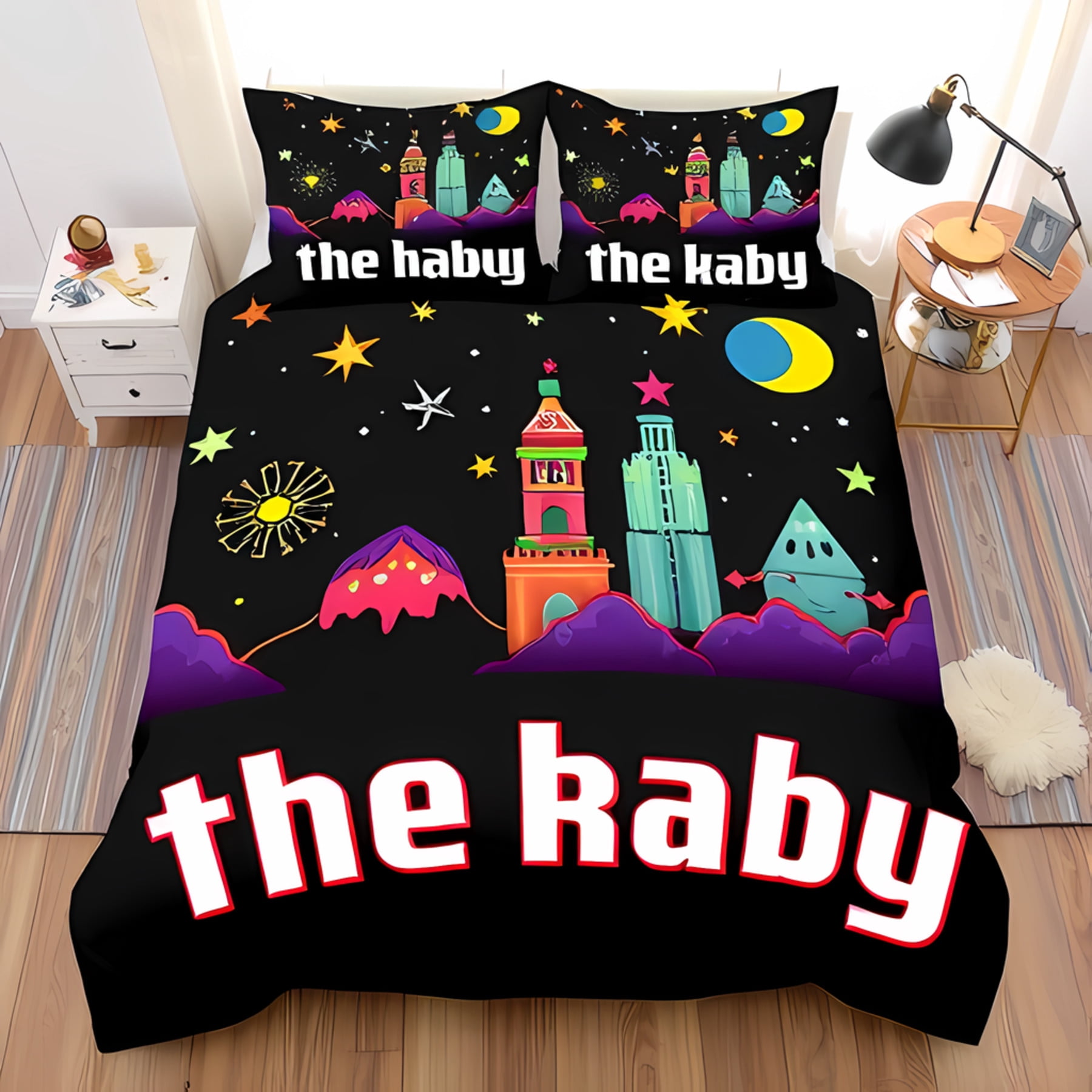 3-Piece Colorful Cityscape Duvet Cover Set Whimsical Night Sky Design ...