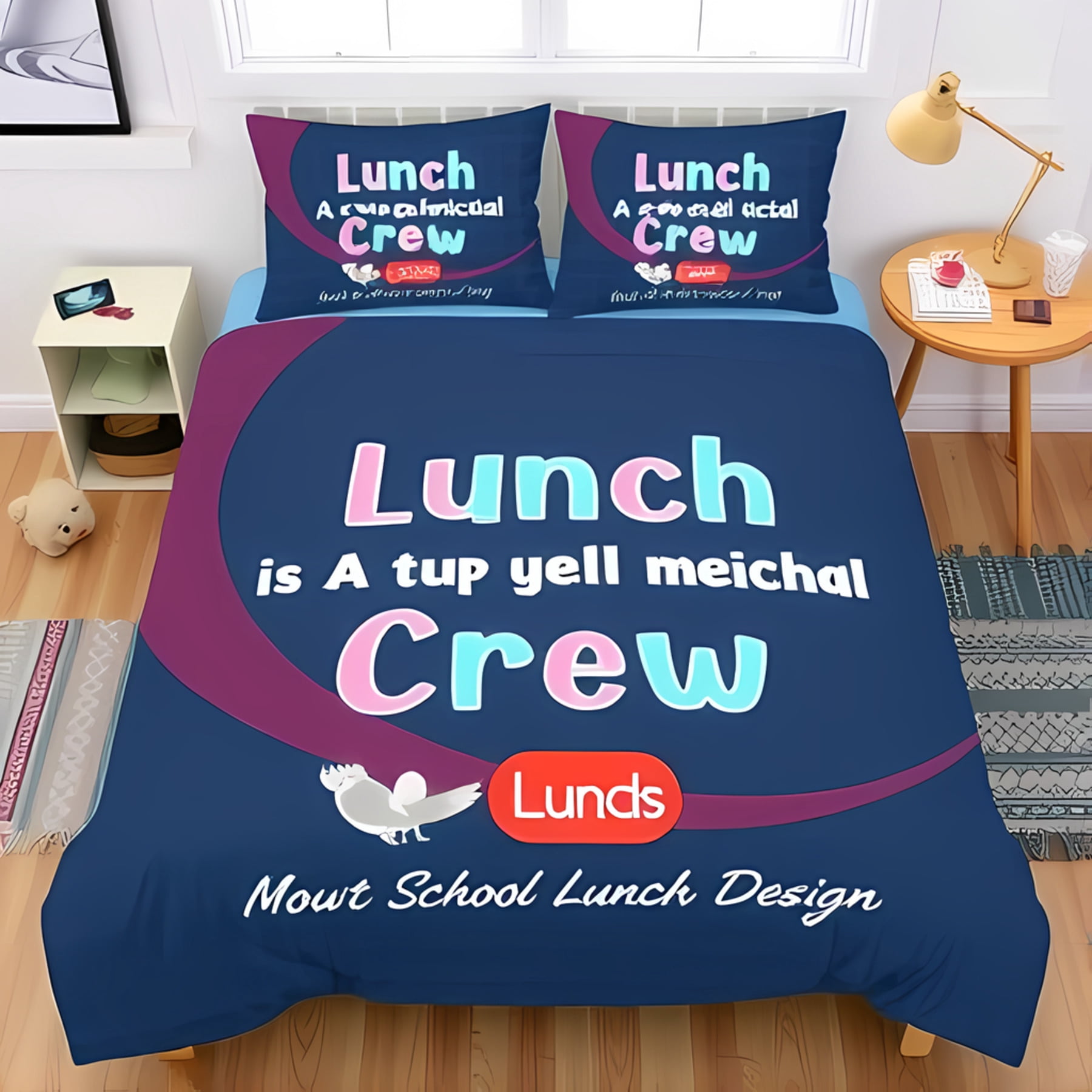 3-Piece Colorful Duvet Cover Set with Playful 'Lunch is A tup yell ...