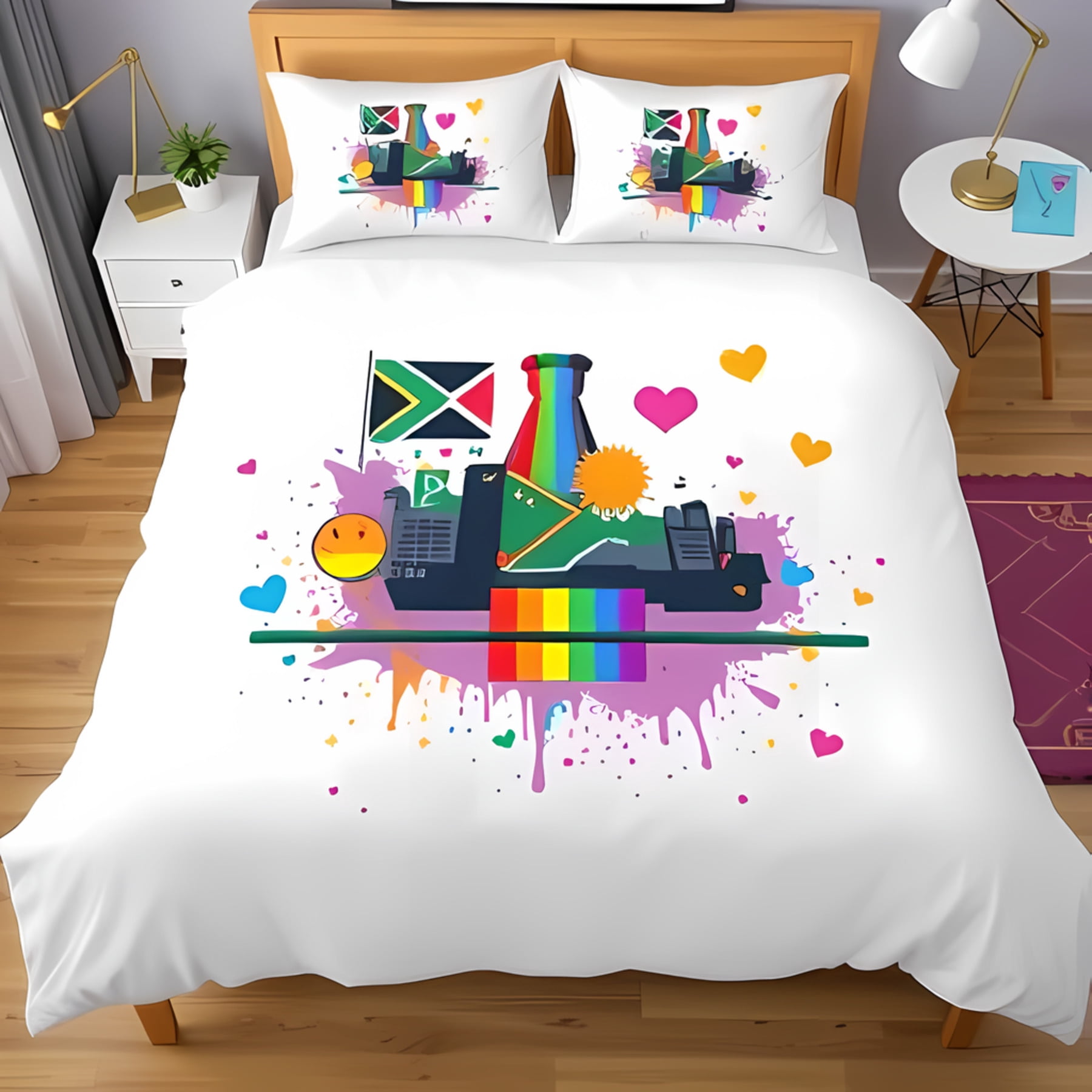 3-Piece Colorful Duvet Cover Set with Vibrant City Rainbow Smiling Face ...