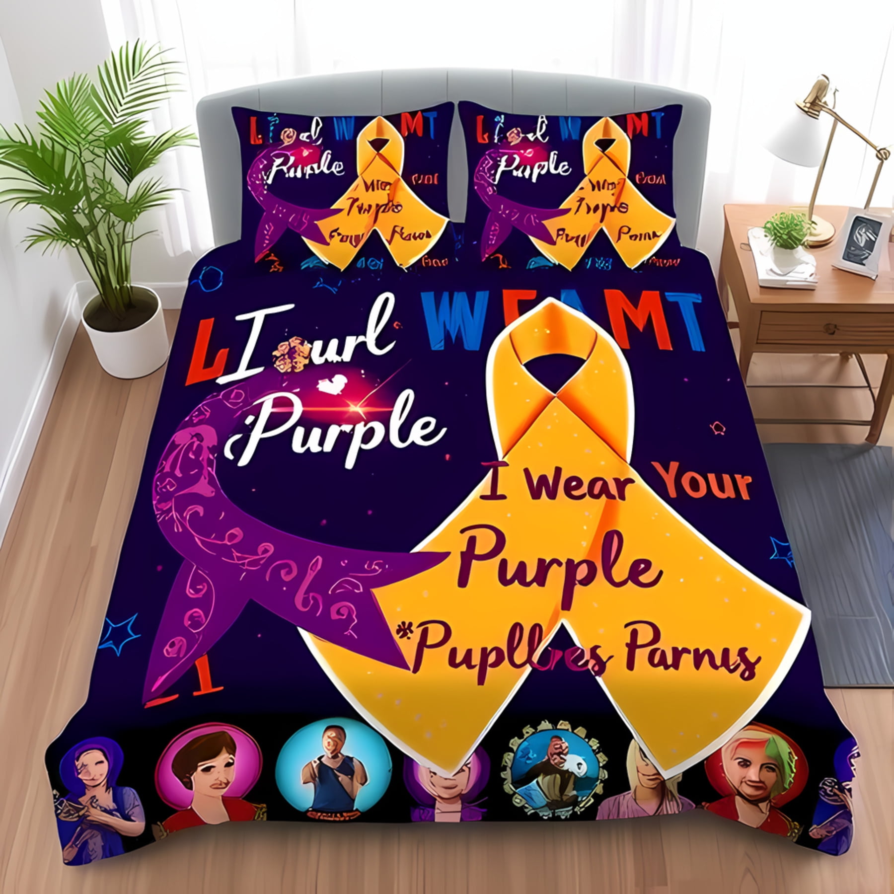 3-Piece Colorful Duvet Cover Set with Yellow Ribbon Symbol & Purple ...