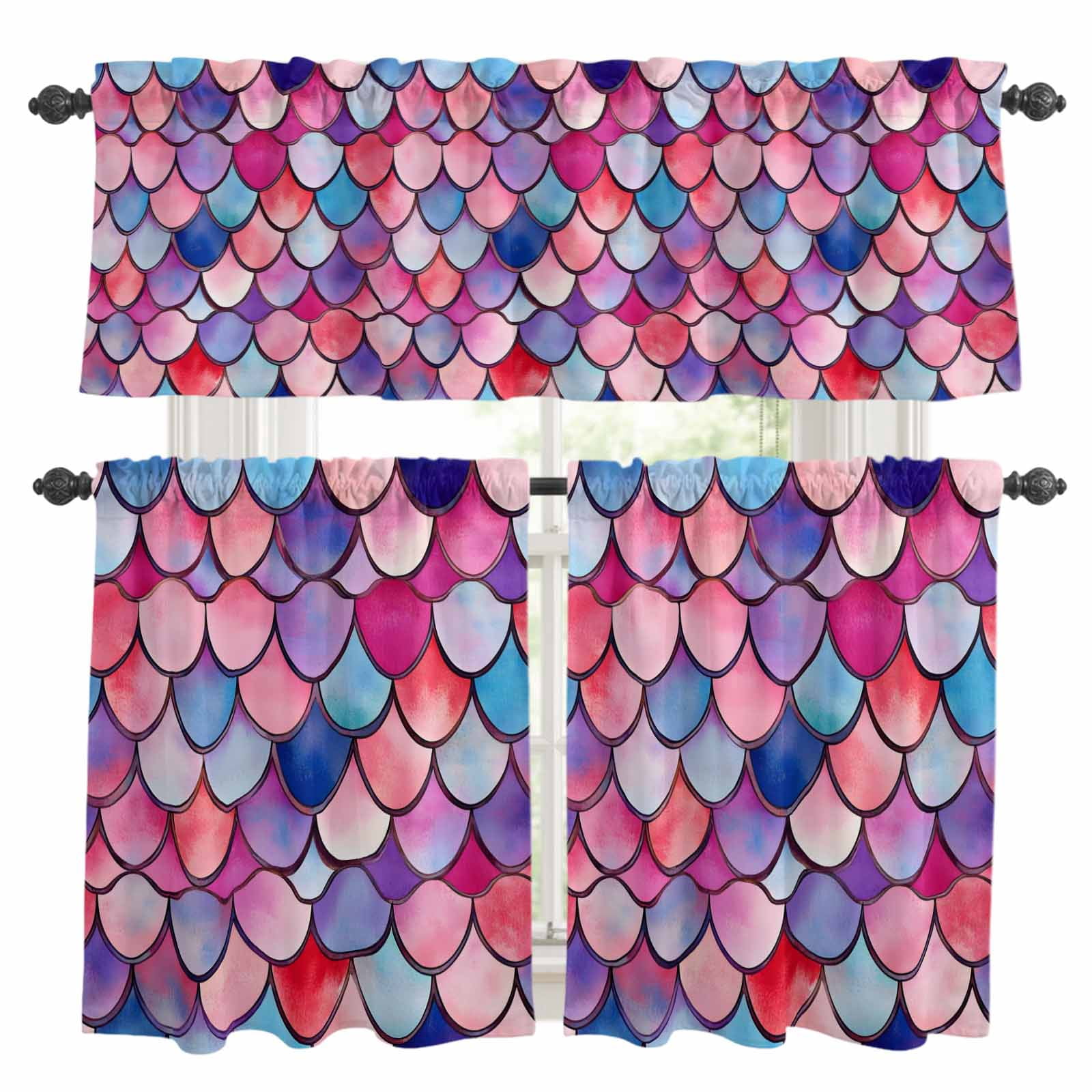 3 Piece Colorful Fish Scale Kitchen Curtain Valance and Tiers Set ...