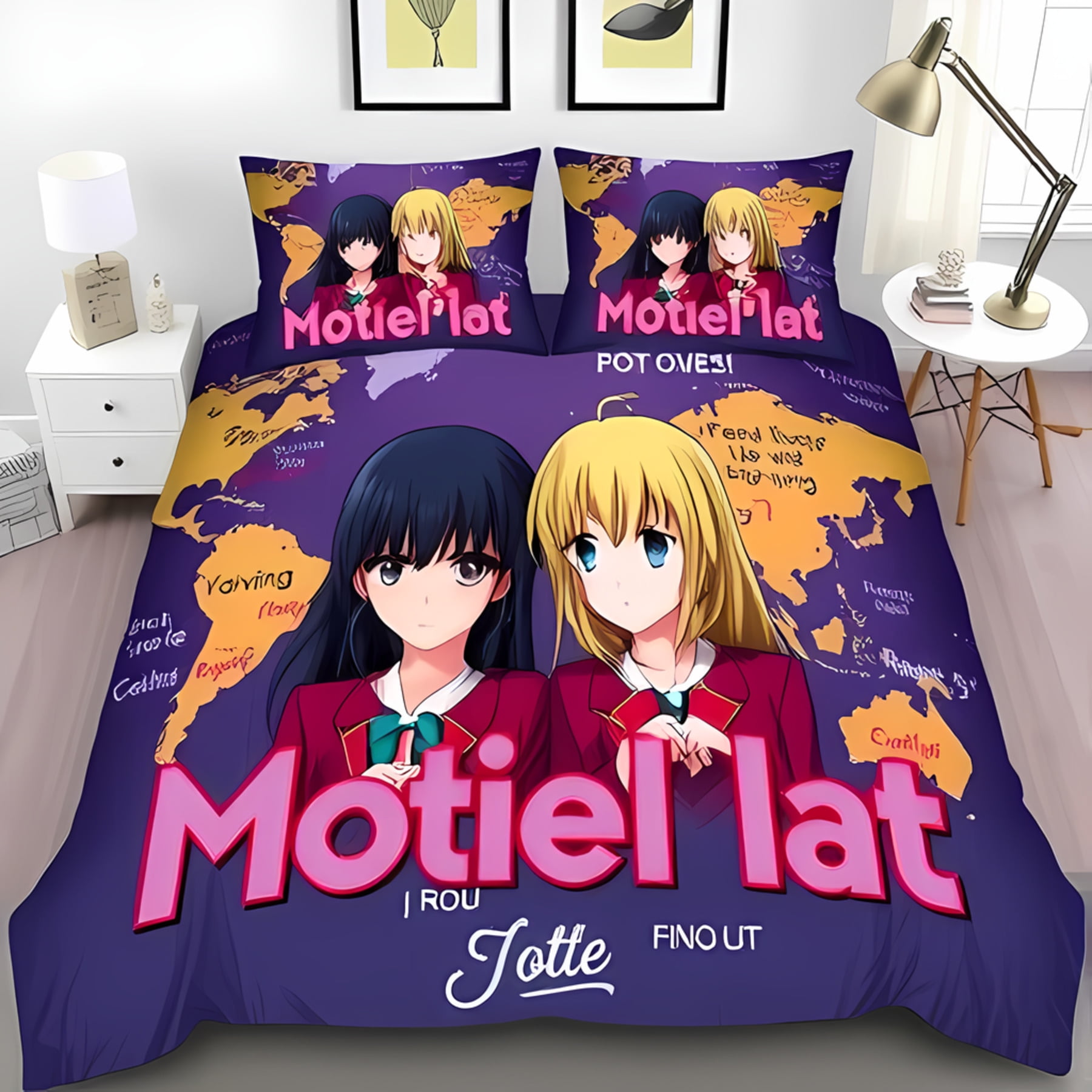 3-Piece Colorful Map Duvet Cover Set with Cartoon Characters in Red ...