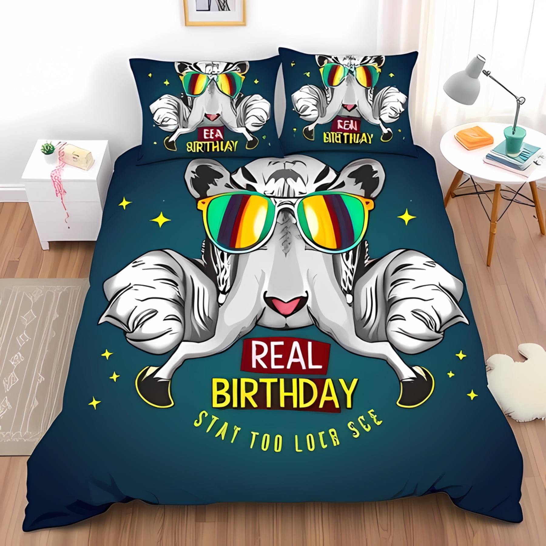 3-Piece Colorful Tiger Duvet Cover Set with Sunglasses & Stars - Fun ...