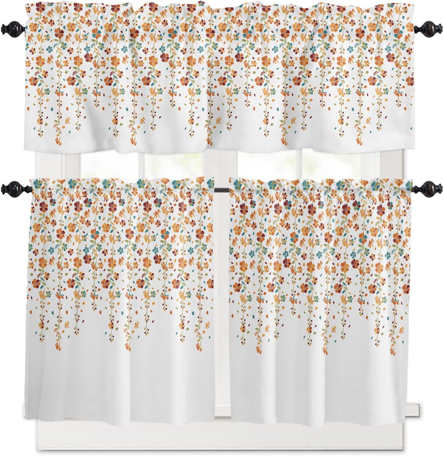 3 Piece Colorful Weeping Flower Kitchen Curtains, Tier and Valance Rod ...