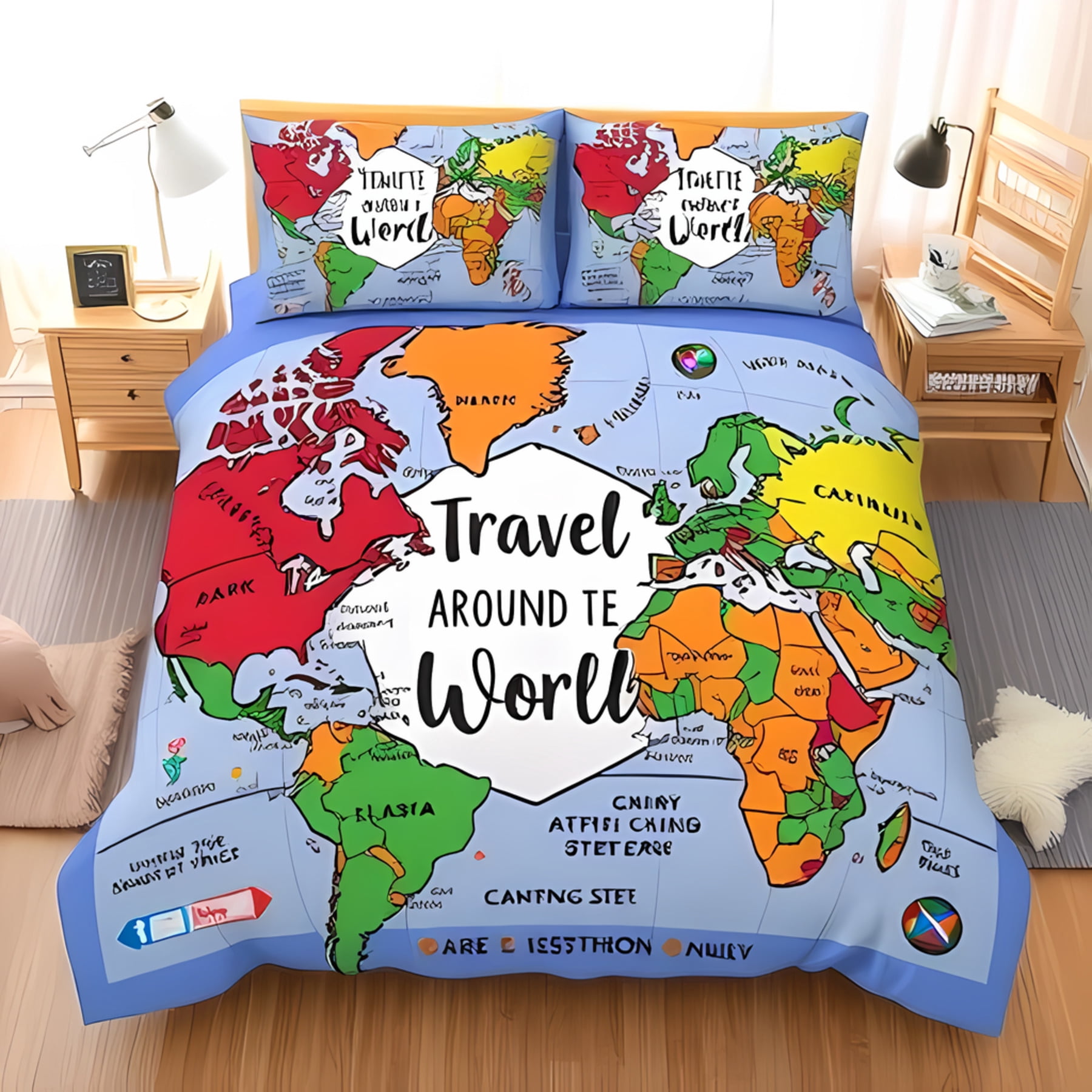 3-Piece Colorful World Map Duvet Cover Set - Travel Around the World ...