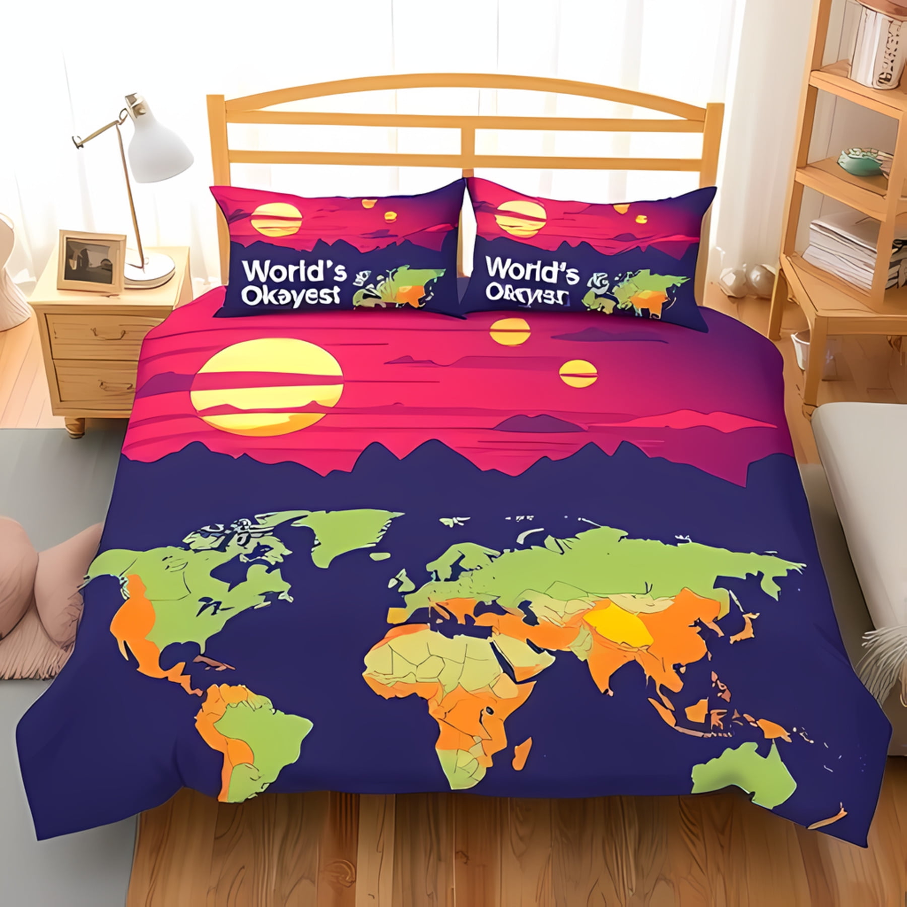3-Piece Colorful World Map Duvet Cover Set with Sunset Design - Cozy ...