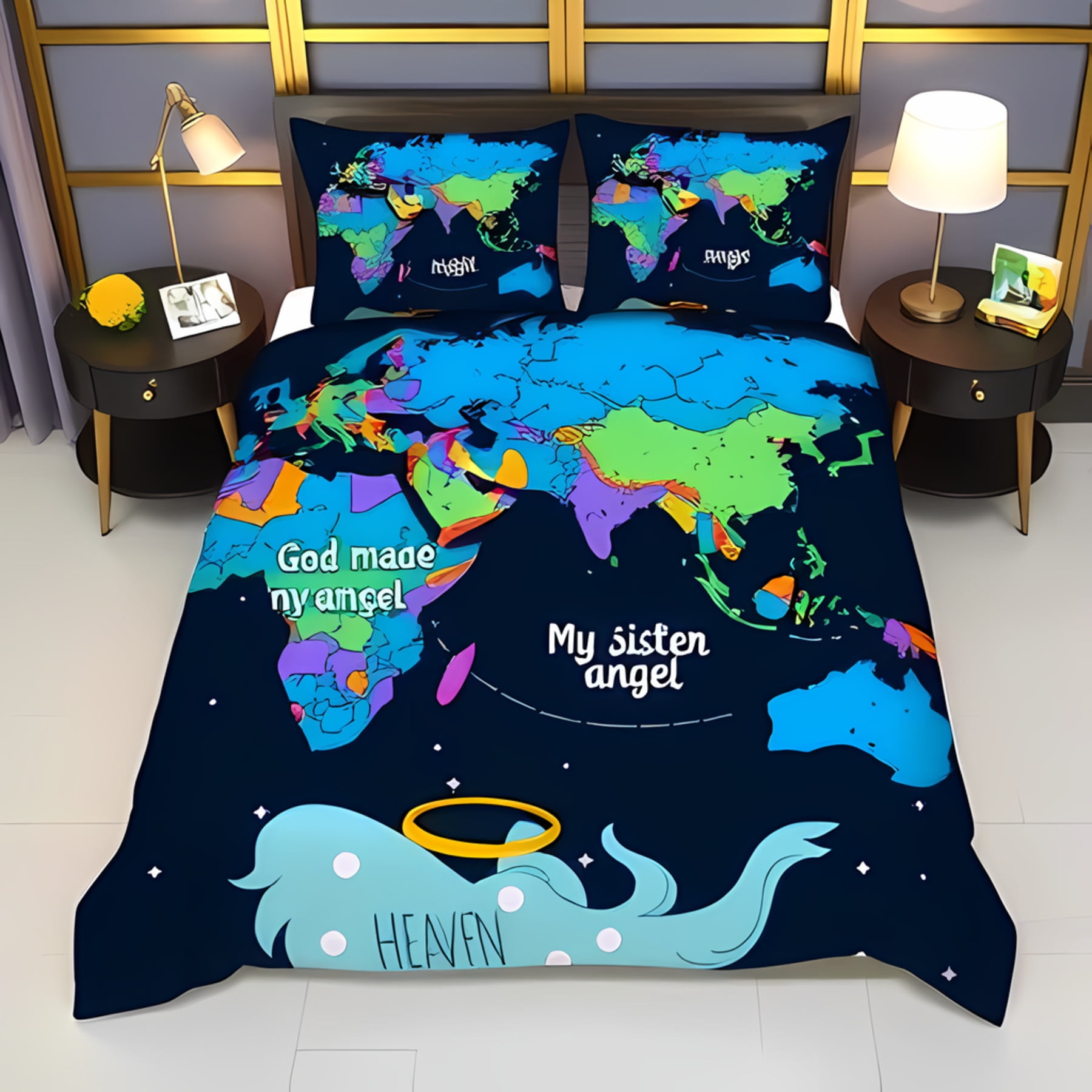 3-Piece Colorful World Map Duvet Cover Set with Theme - " God Made My ...