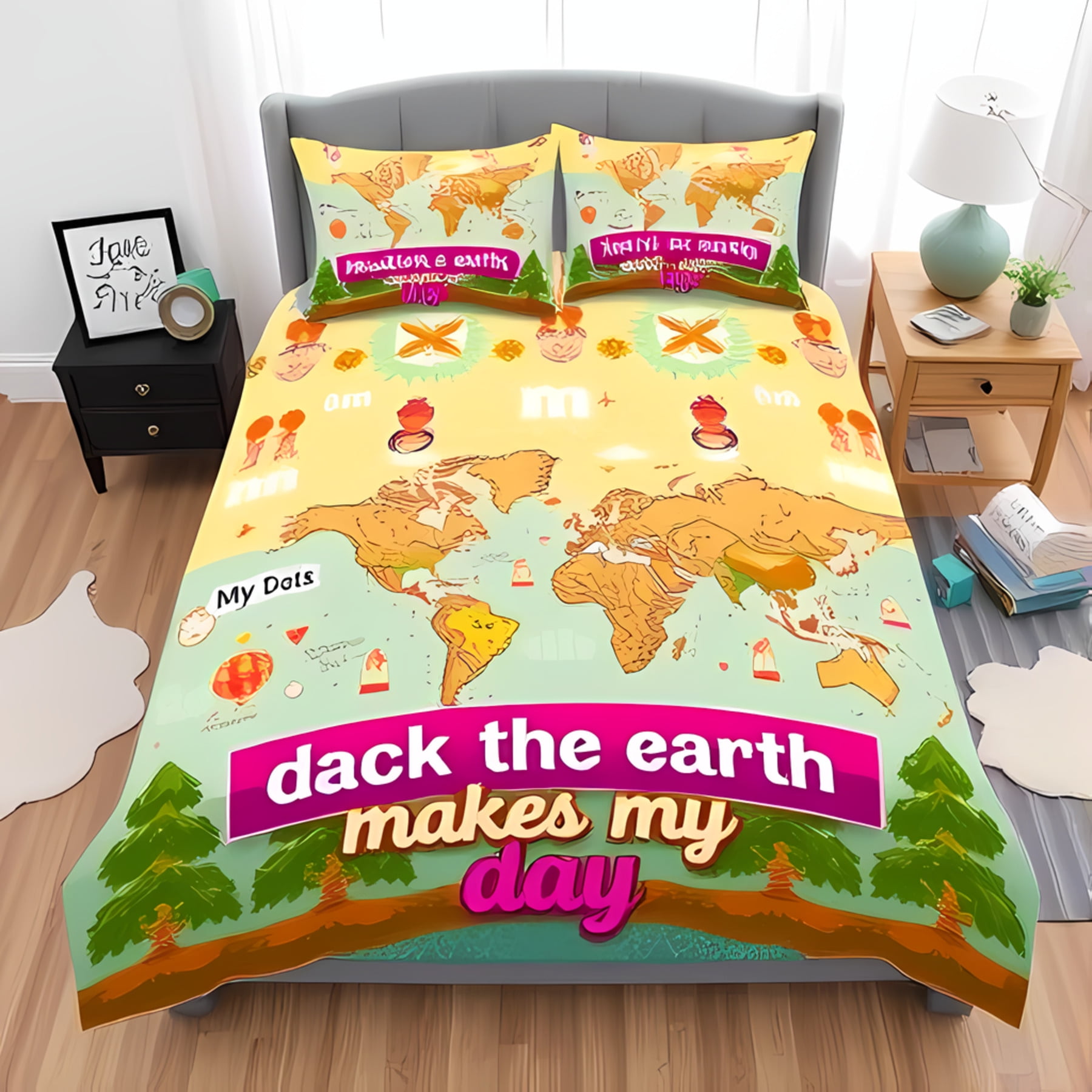 3-Piece Colorful World Map Duvet Cover Set with Travel & Uplifting ...