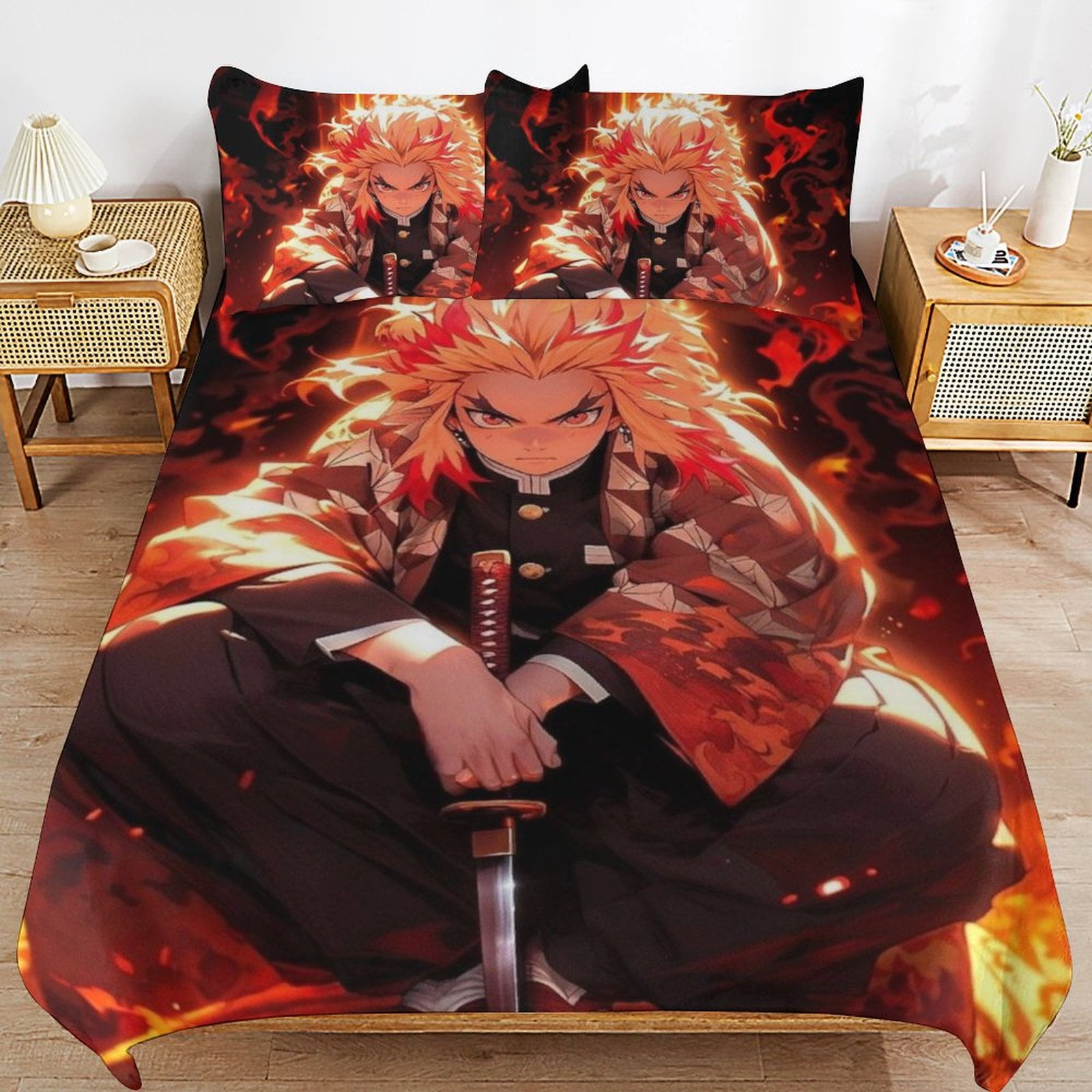 3 Piece Comfortable Bedding Demon Slayer Set Rengoku Kyojuro Duvet ...
