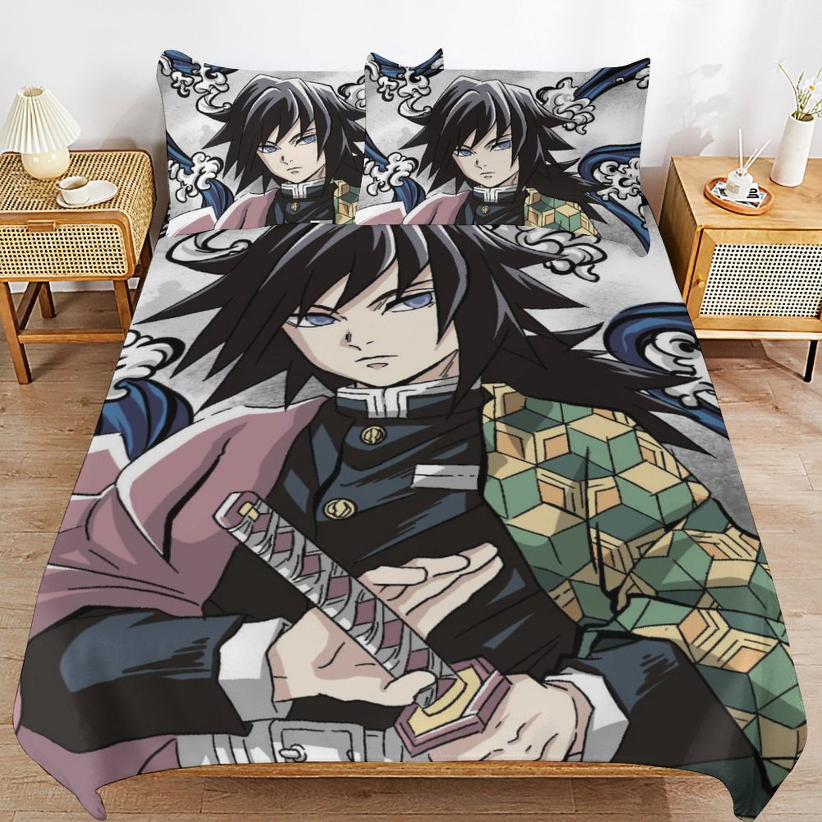 3 Piece Comfortable Bedding Set Demon Slayer Tomioka Giyuu Duvet Cover Twin Bed with 2 ...