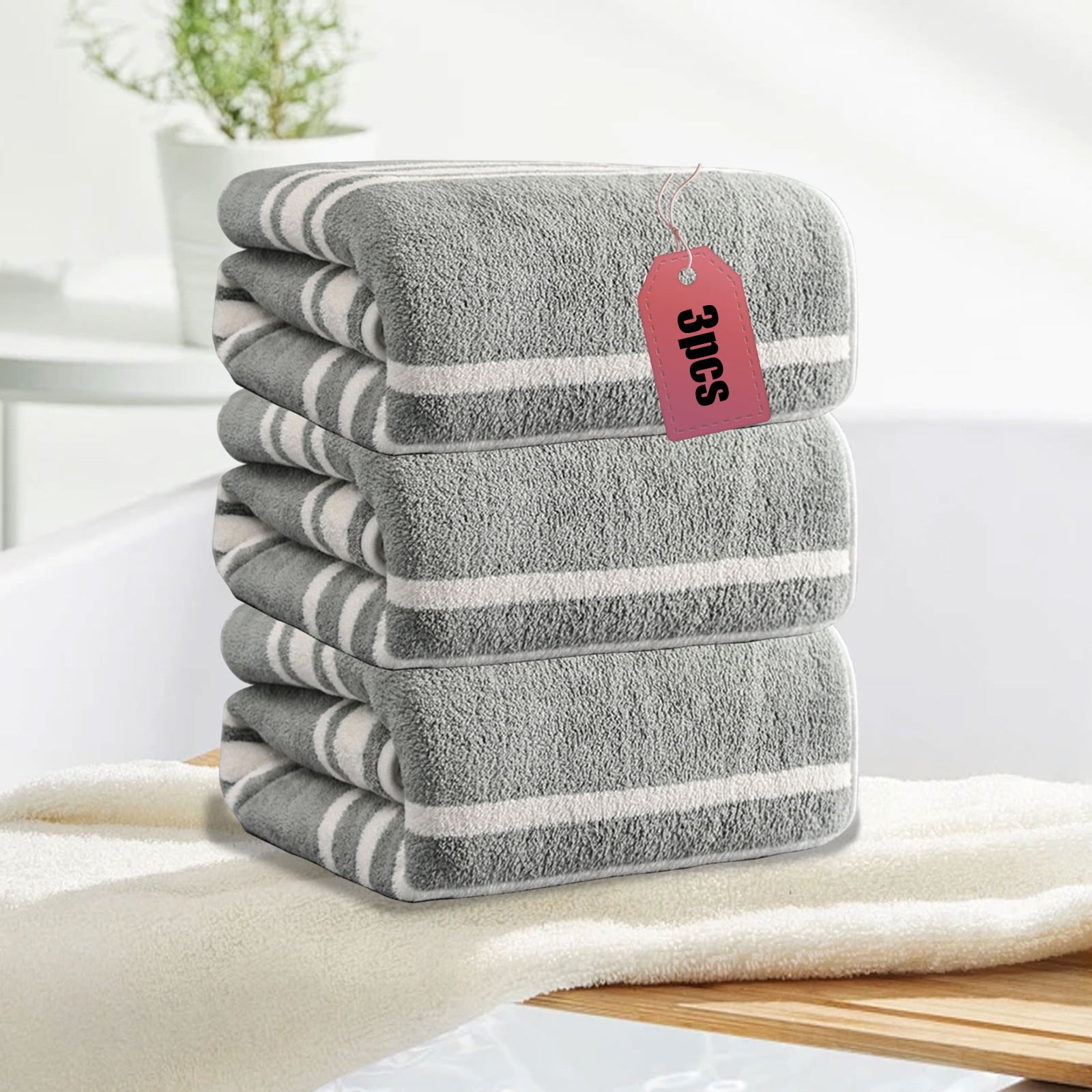 3 Piece Coral Fleece Striped Towel Set, Soft Absorbent Polyester Towels ...