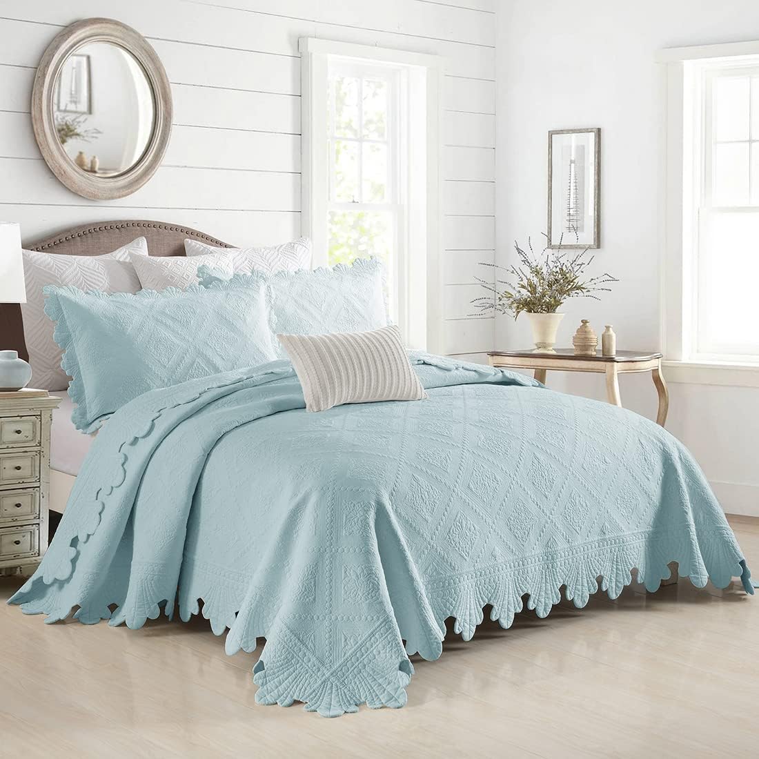 3-Piece Cotton Quilted Embroidered Bedspread Coverlet Set Queen Size ...