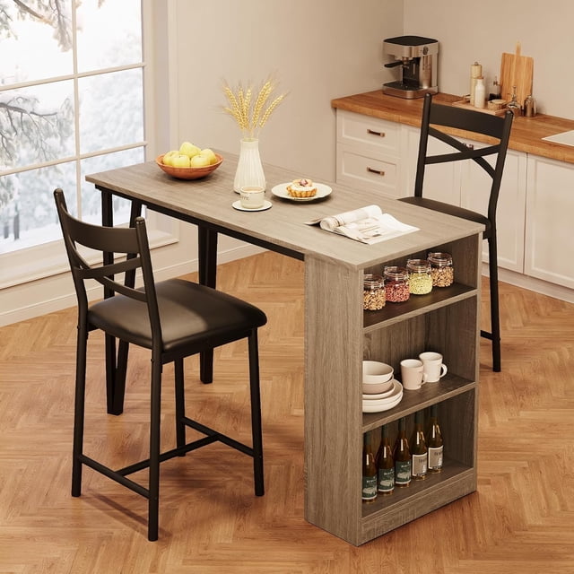 3-Piece Counter Height Bar Table Set with 3-Tier Shelves and 2 ...