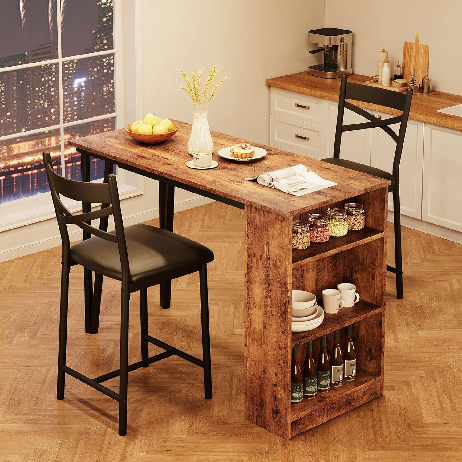 3-Piece Counter Height Bar Table Set with 3-Tier Shelves and 2 ...