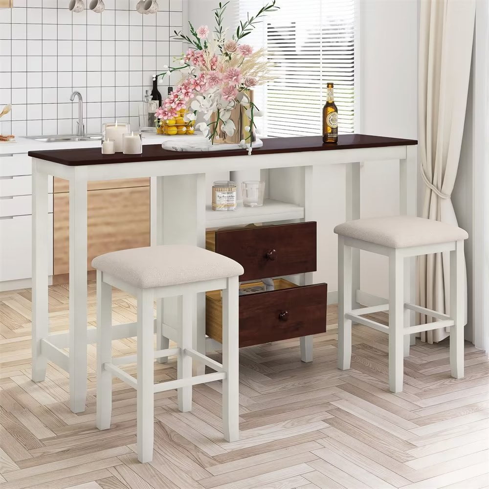3-Piece Counter Height Dining Table Set with 1 Table and Upholstered 2 ...