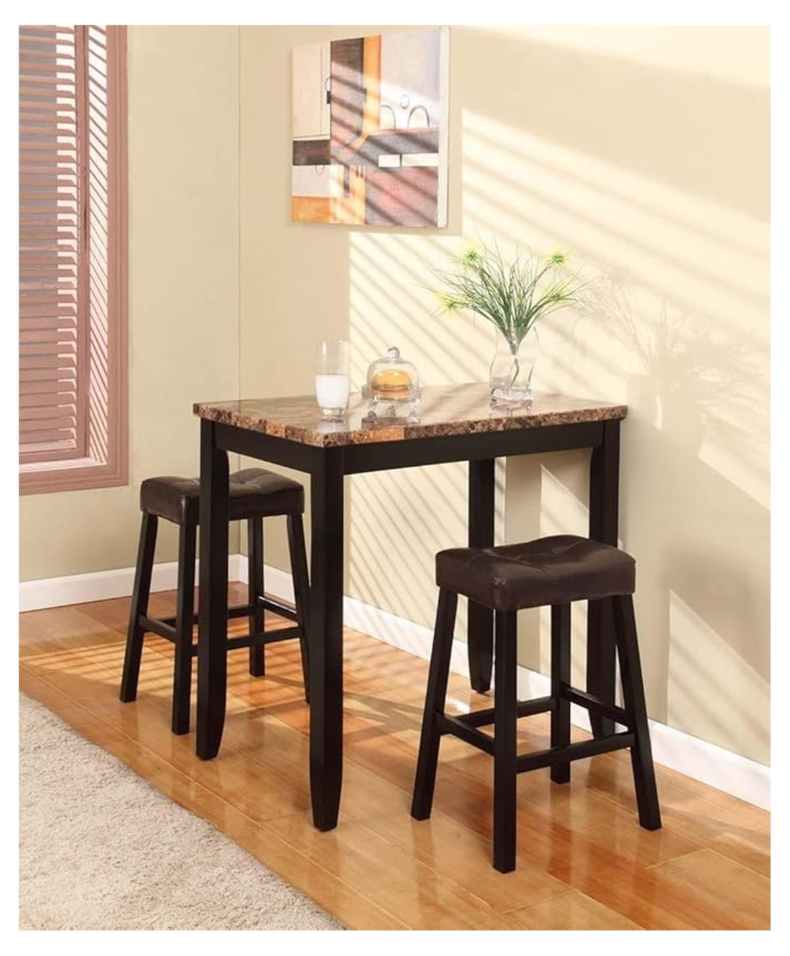 3-Piece Counter Height Glossy Print Marble Breakfast Table with Stools ...