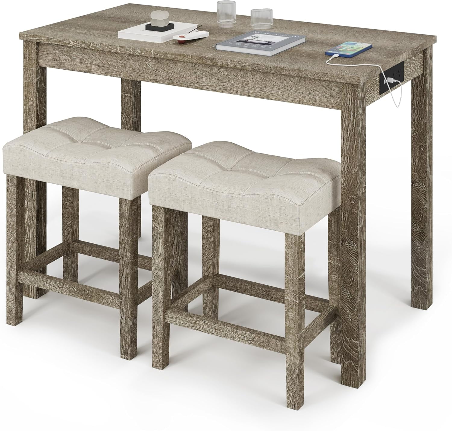 3-Piece Counter High Bar Table Set with Socket and 2 Fabric Padded Bar ...