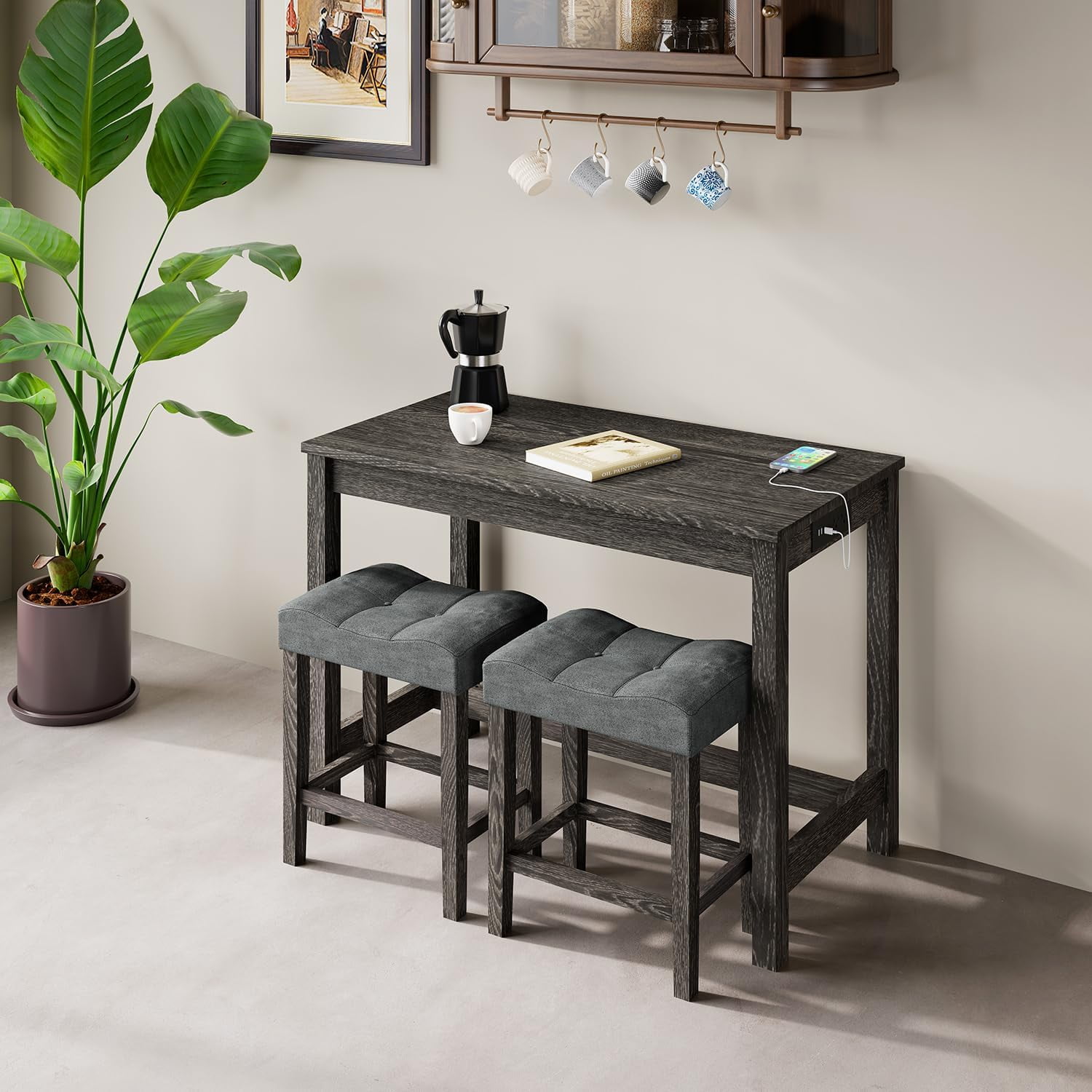 3-Piece Counter High Bar Table Set with Socket and 2 Fabric Padded Bar ...
