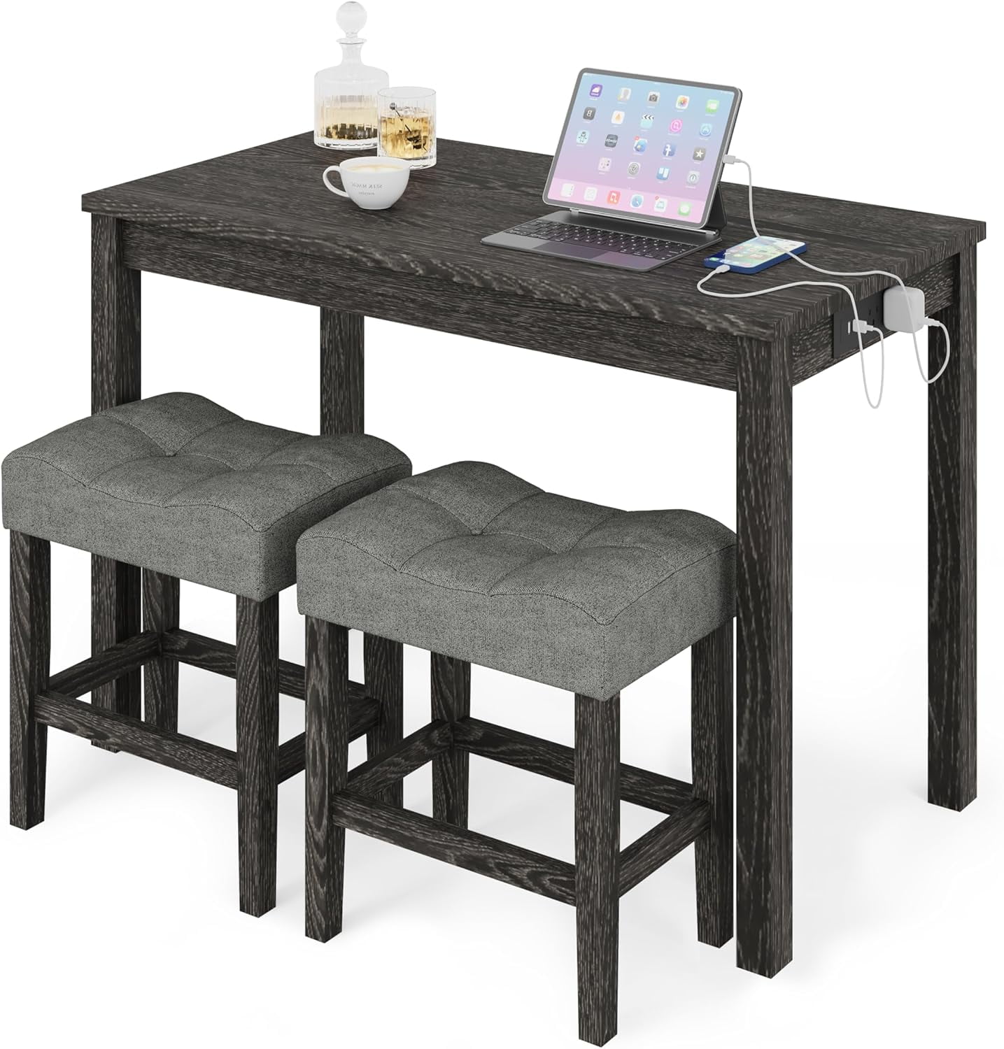 3-Piece Counter High Bar Table Set with Socket and 2 Fabric Padded Bar ...