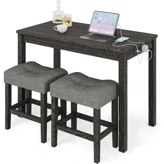 3-Piece Counter High Bar Table Set with Socket and 2 Fabric Padded Bar ...