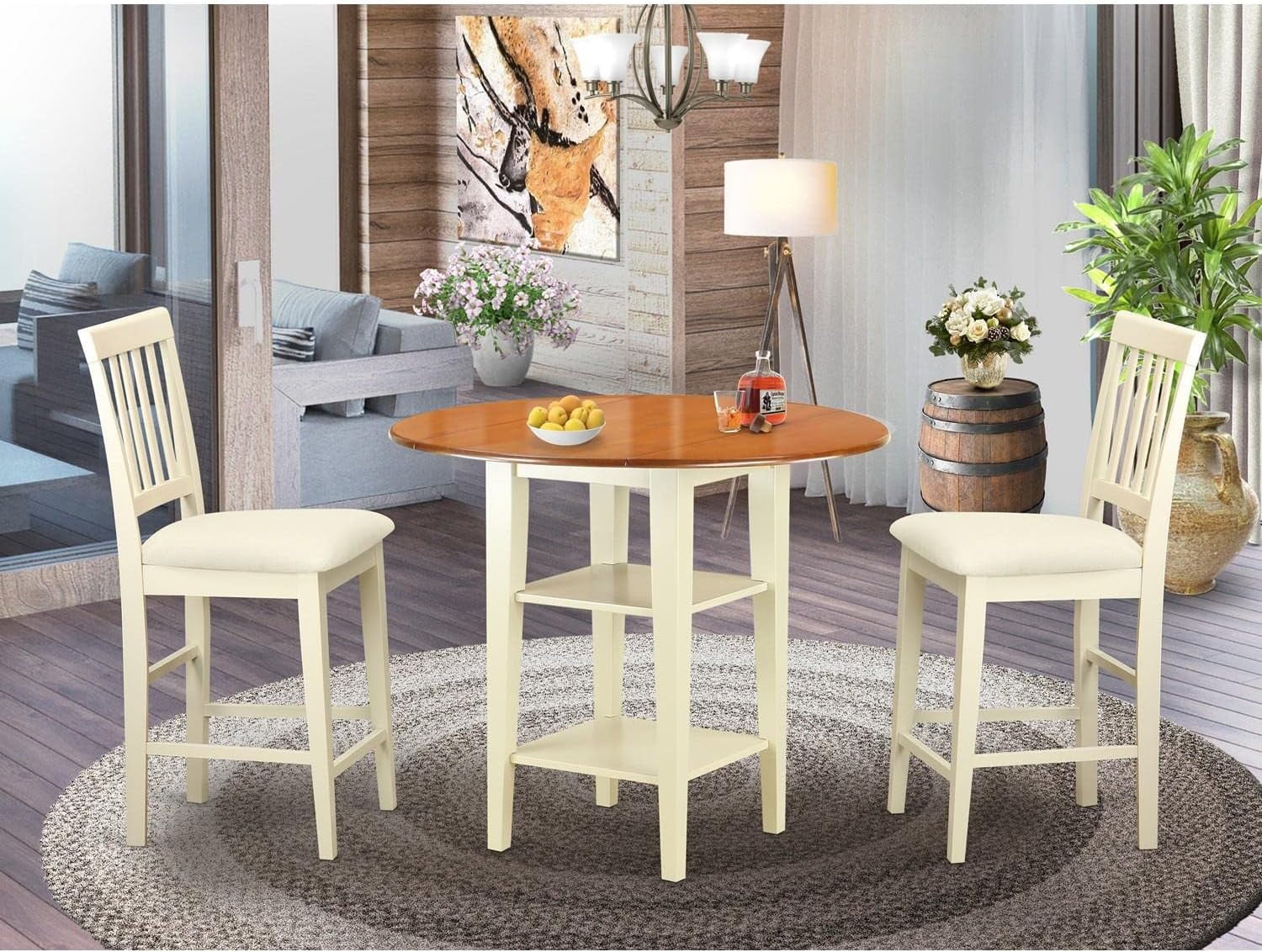 3 Piece Counter Set with Drop Leaf Table & Linen Chairs, 42x42 Inch ...