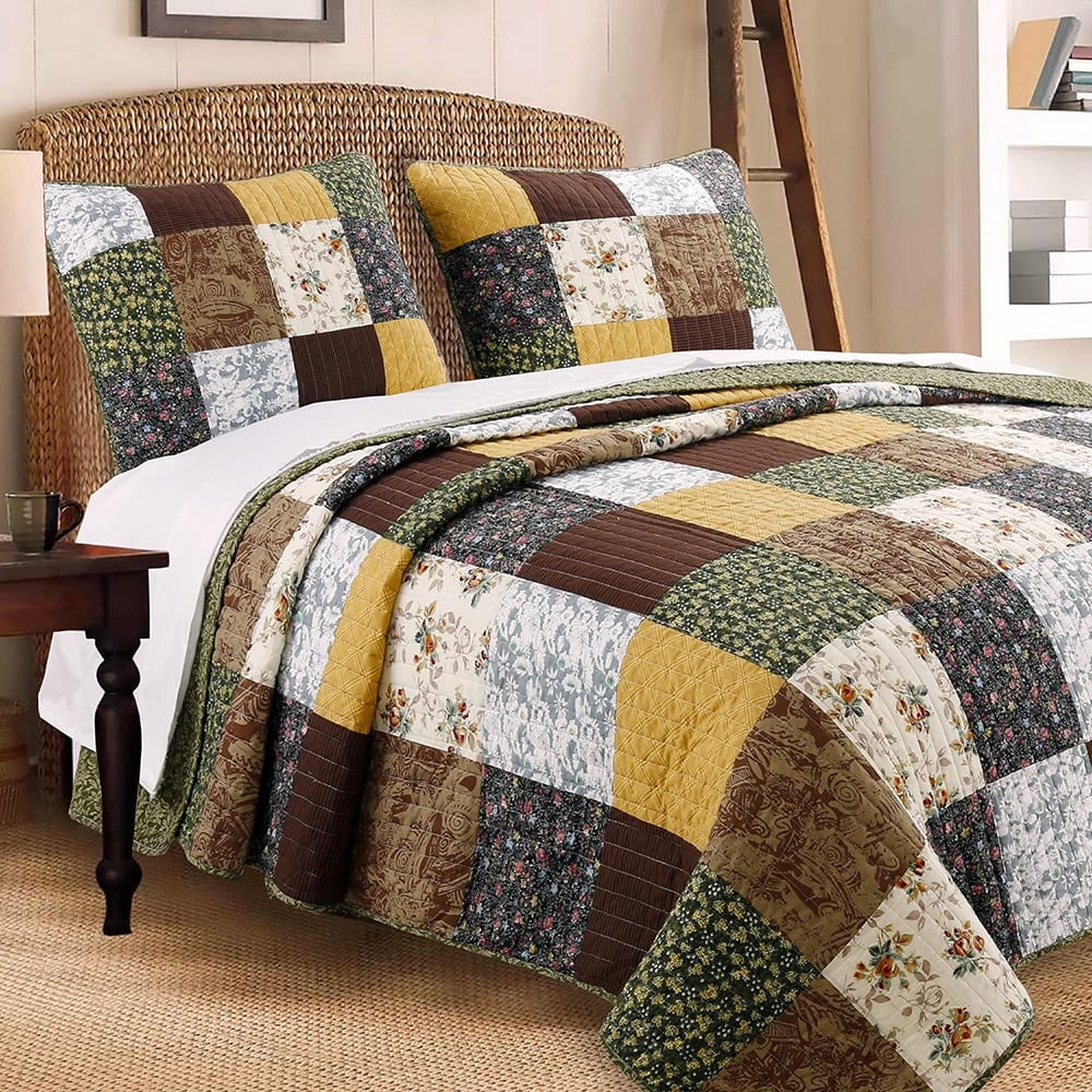 3 Piece Country Farmhouse Real Patchwork Quilt Bedding Set, Cotton ...