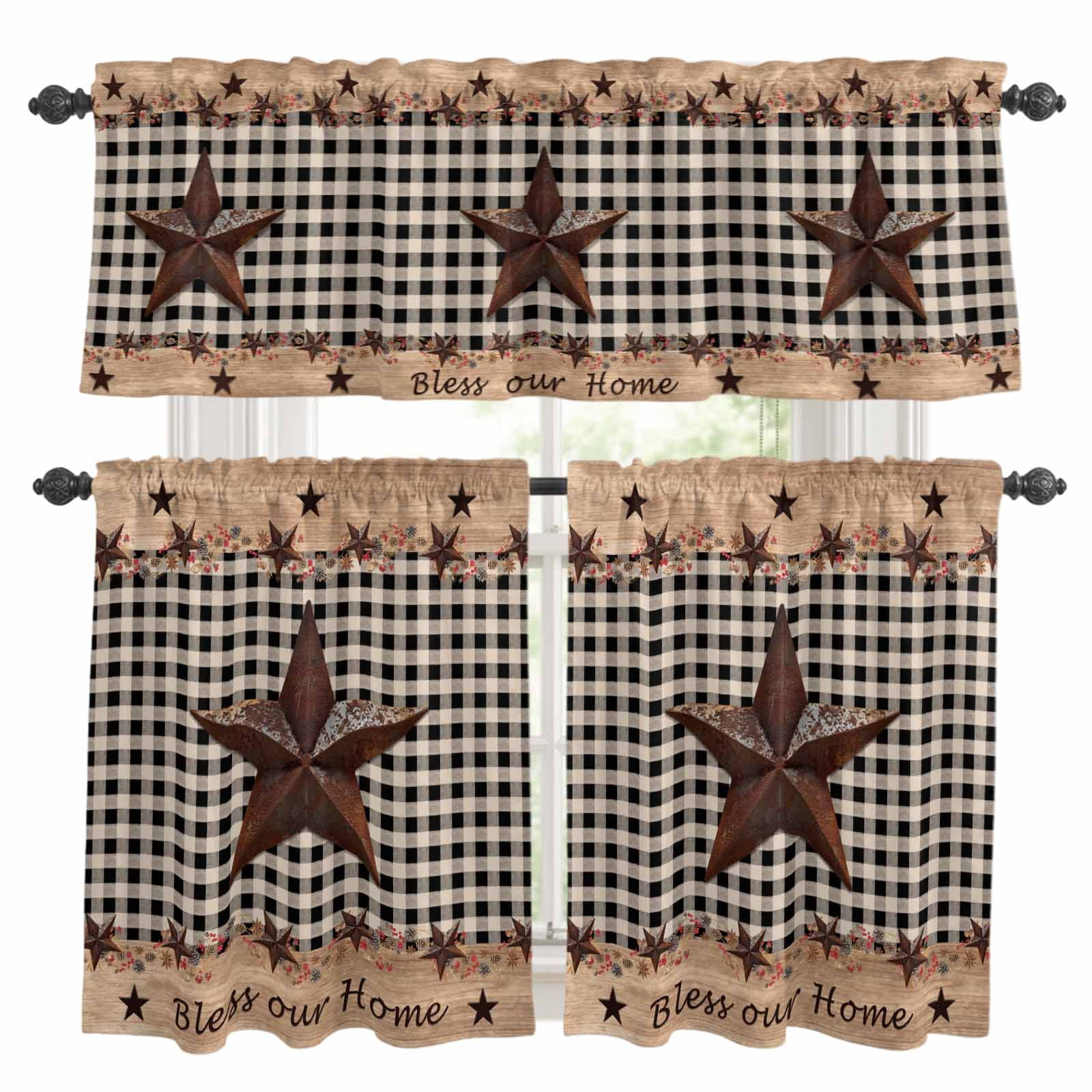 3 Piece Country Star Kitchen Curtain Valance and Tiers Set Farmhouse ...