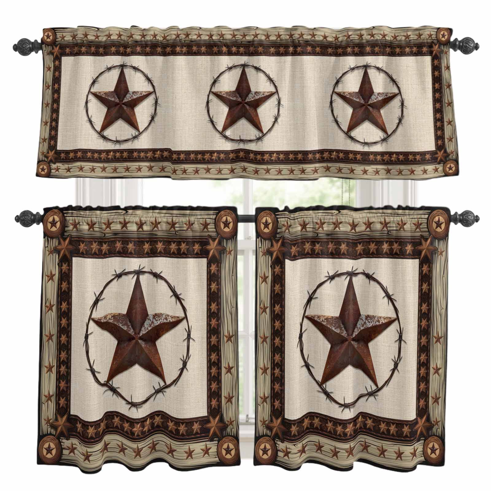 3 Piece Country Star Kitchen Curtain Valance and Tiers Set Farmhouse ...