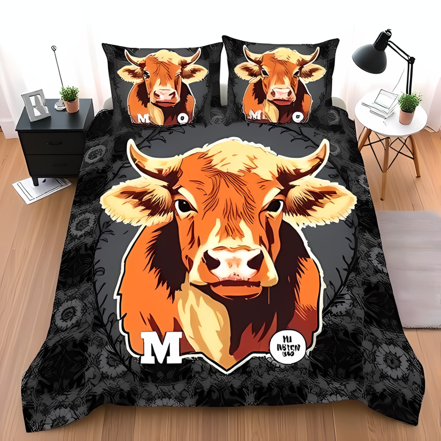 3-Piece Cow Face Duvet Cover Set - Vibrant Orange & Brown Design with ...