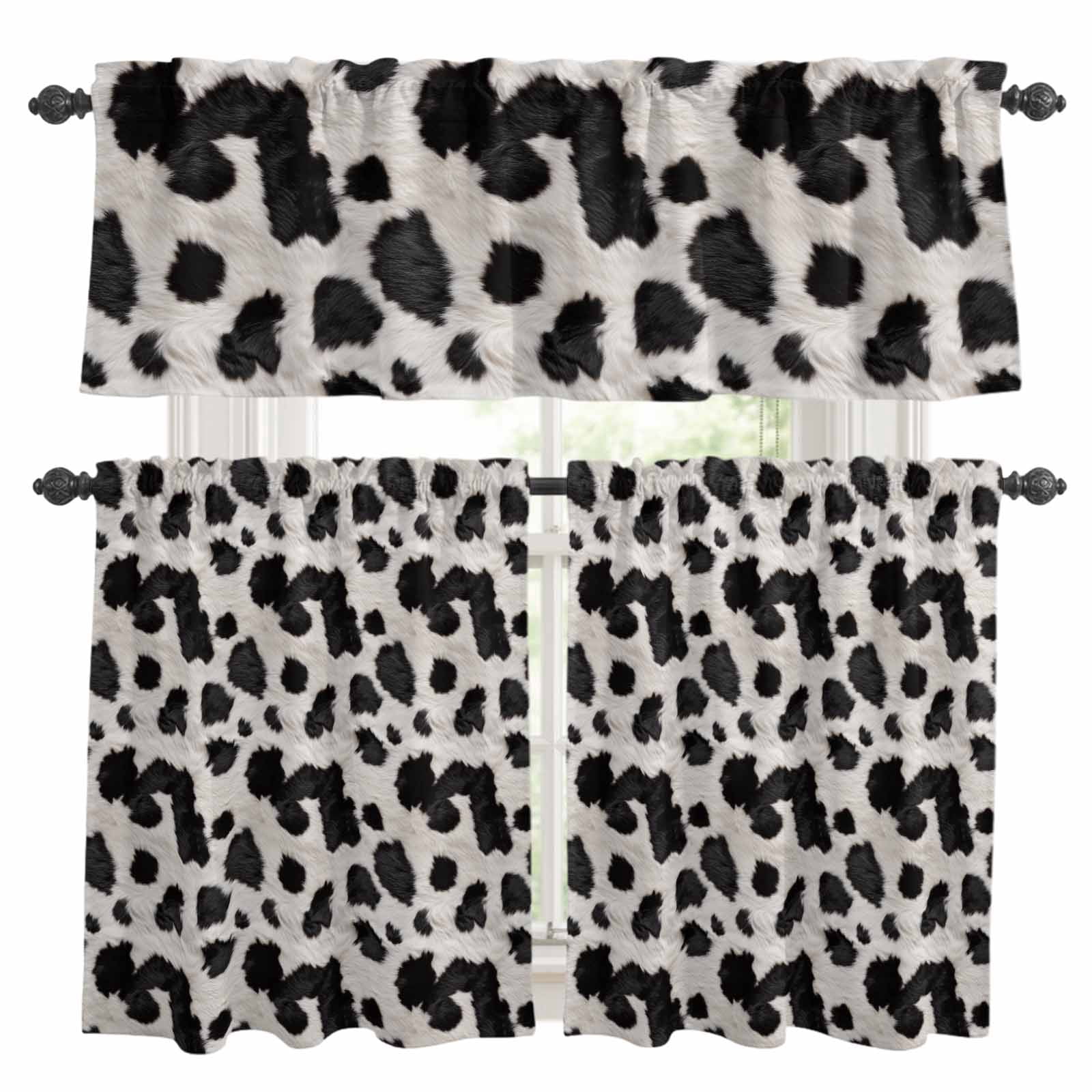 3 Piece Cow Spots Kitchen Curtain Valance and Tiers Set Fluffy Hair ...