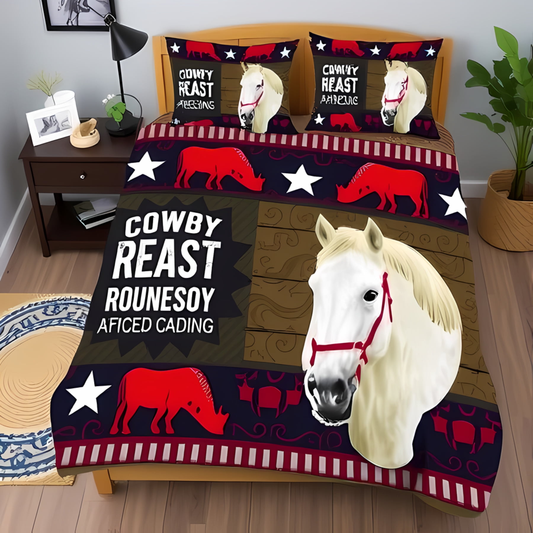 3-Piece Cowboy Themed Duvet Cover Set with Horse Illustration & Rustic ...