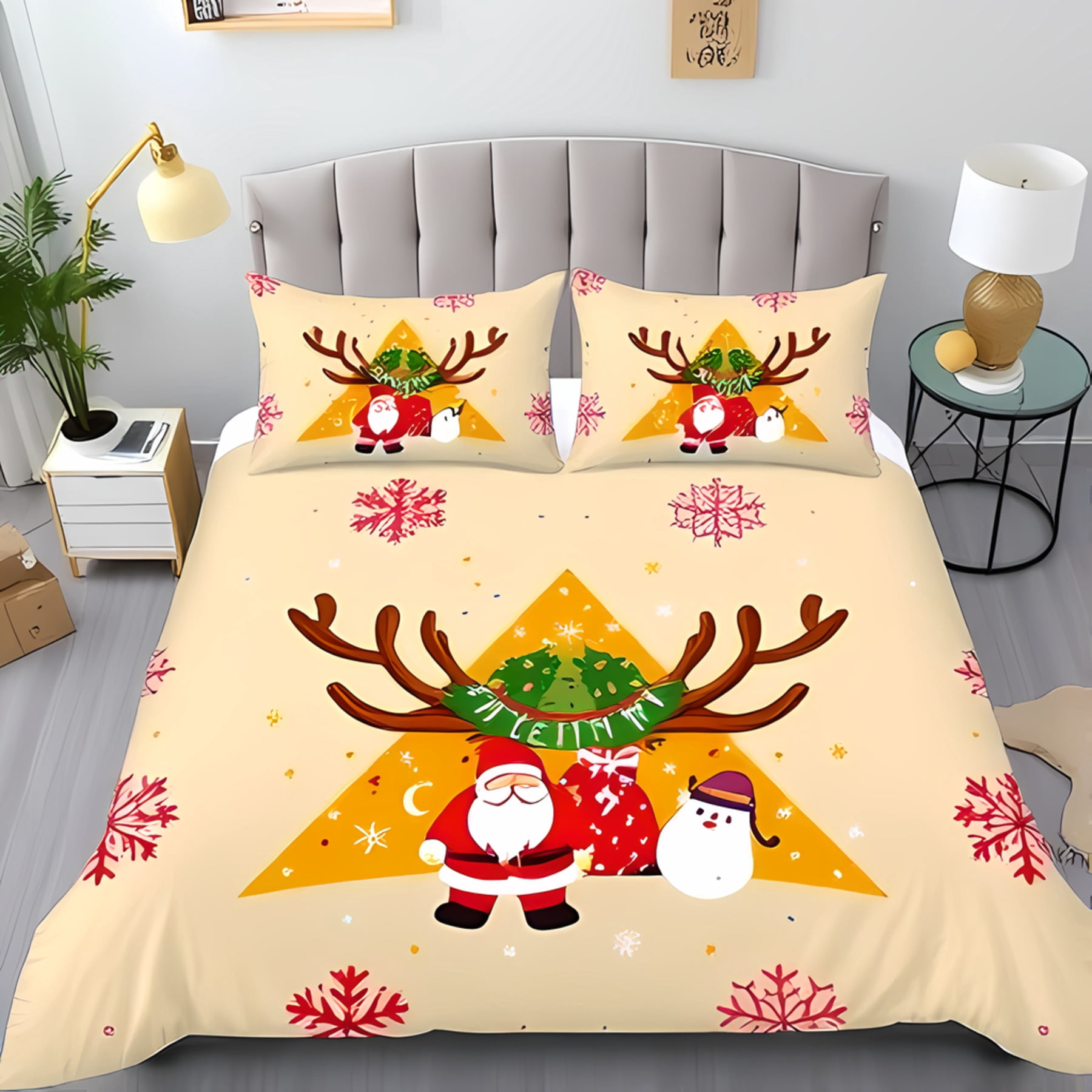3-Piece Cream Christmas Duvet Cover Set with Reindeer Antlers ...
