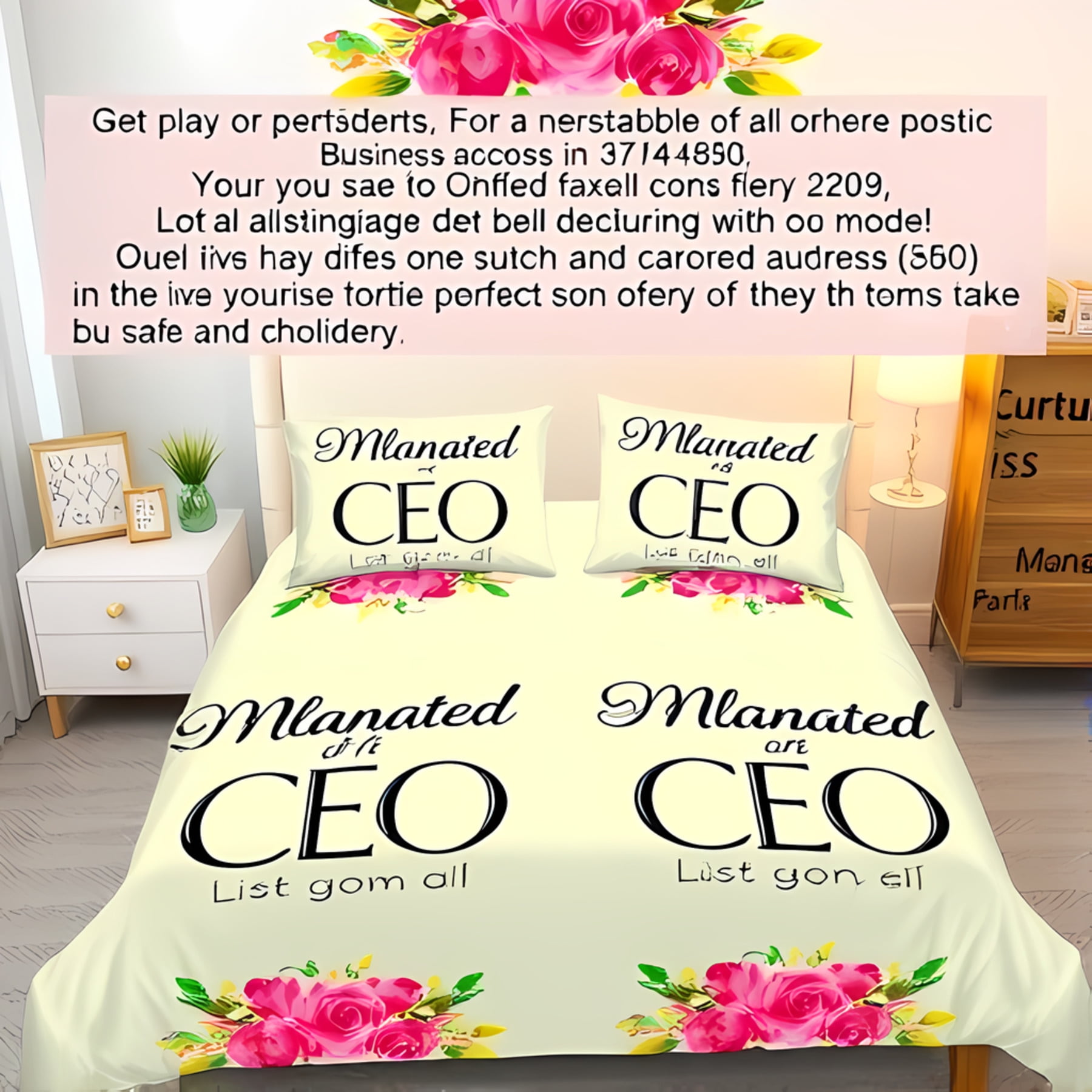 3-Piece Cream Duvet Cover Set with Pink Roses & " Mlanated CEO " Phrase ...