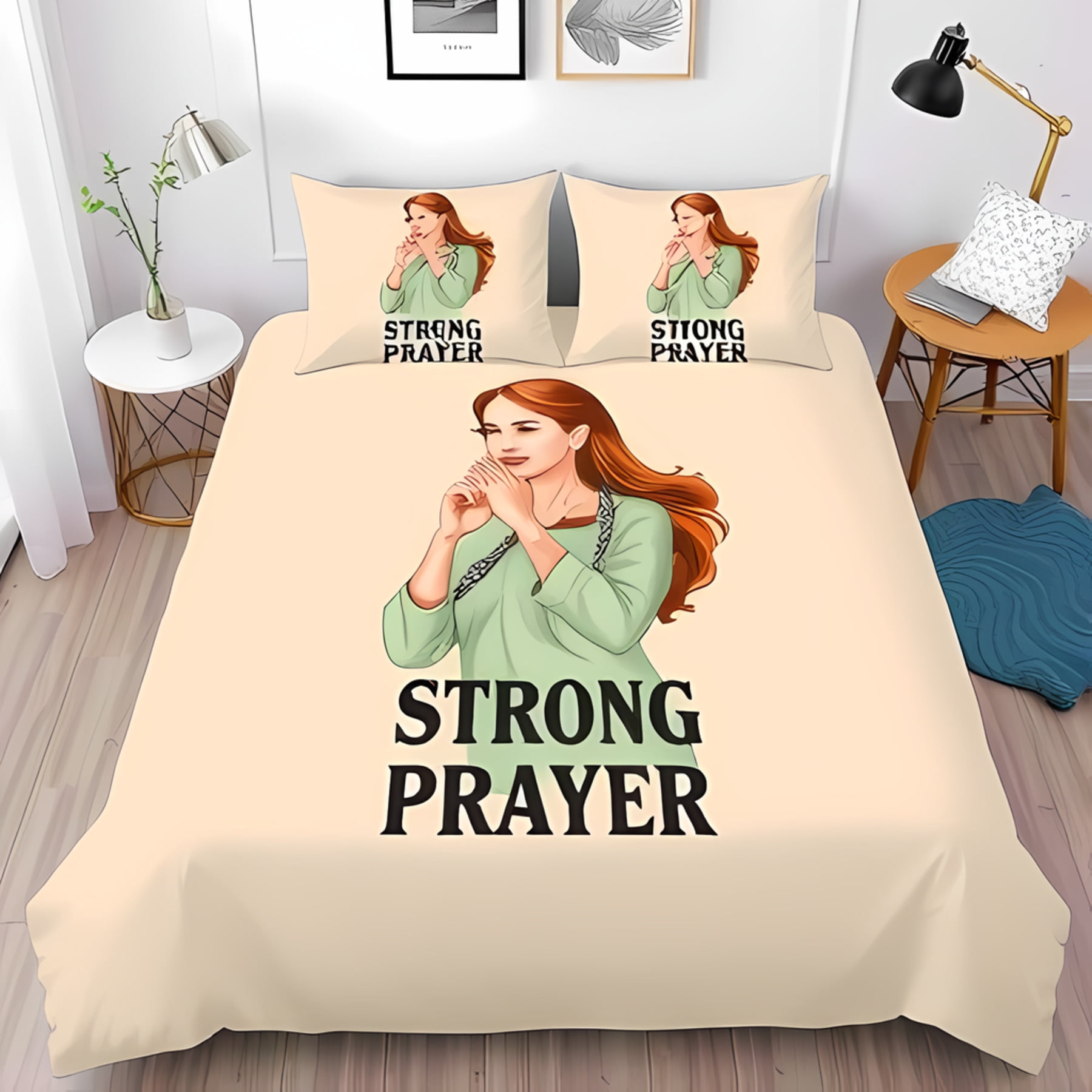 3-Piece Cream Duvet Cover Set with Redhead Woman Illustration & 'STRONG ...