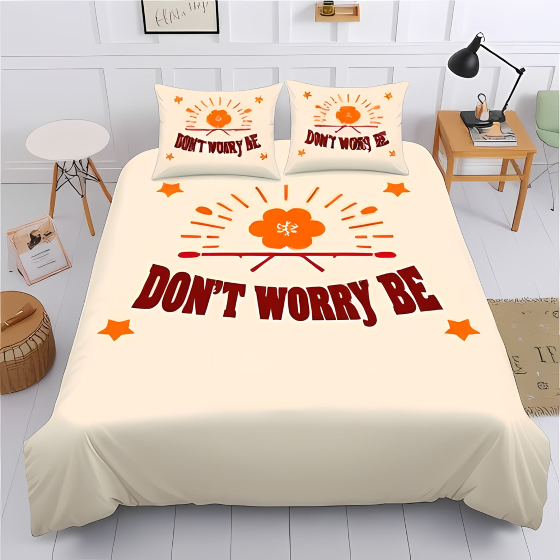 3-Piece Cream Duvet Cover Set with Retro 'Don't Worry Be' Slogan Dark ...