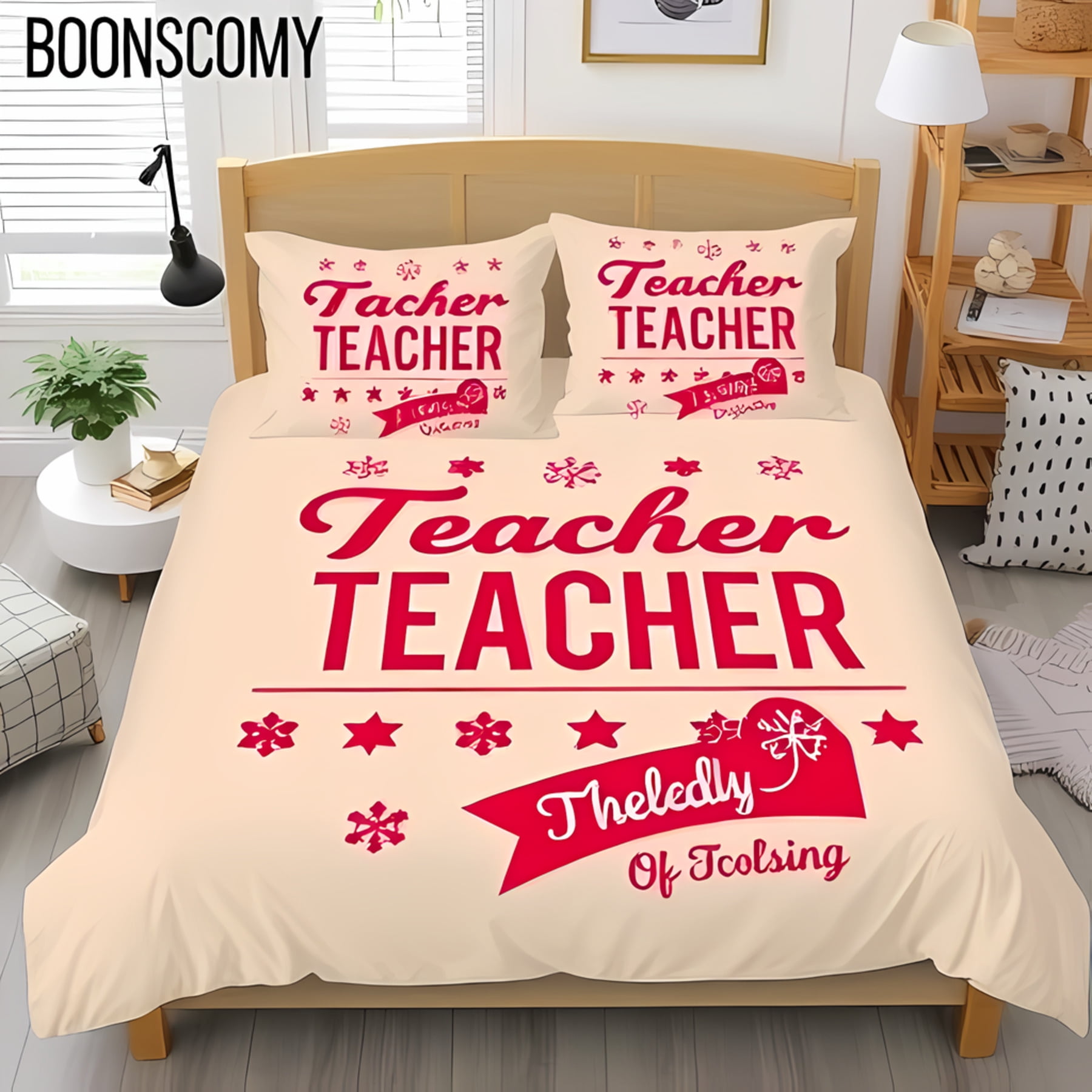 3-Piece Cream Duvet Cover Set with " Teacher Teacher " Design Red ...