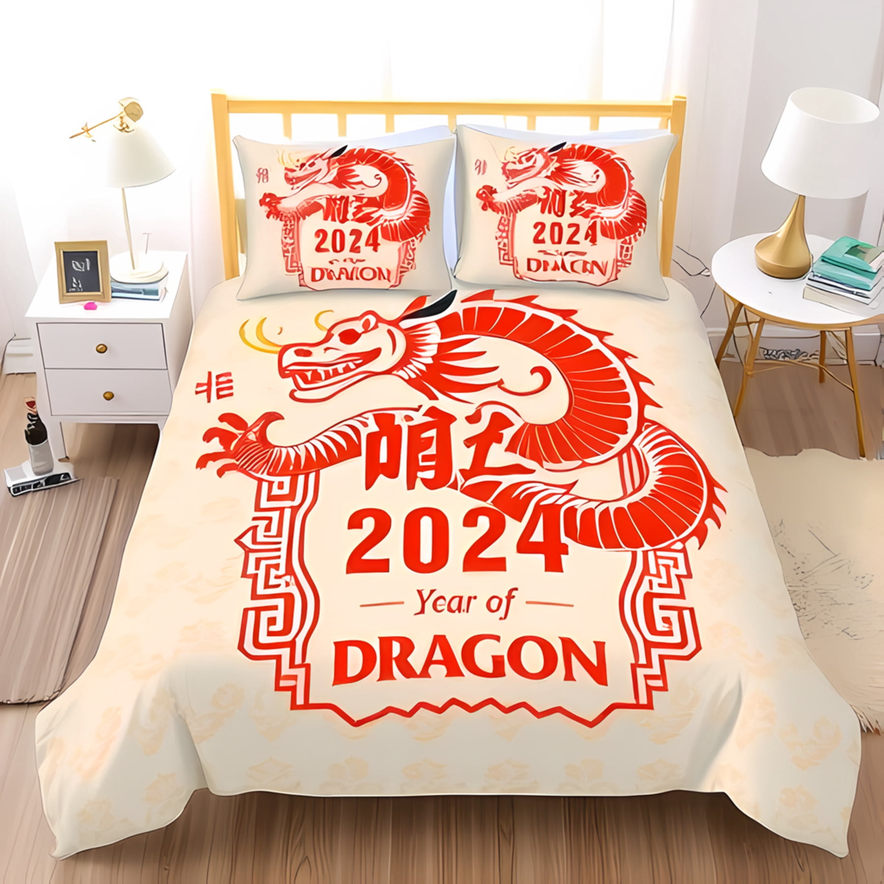 3-Piece Cream Duvet Cover Set with Vibrant Design for Year of the ...