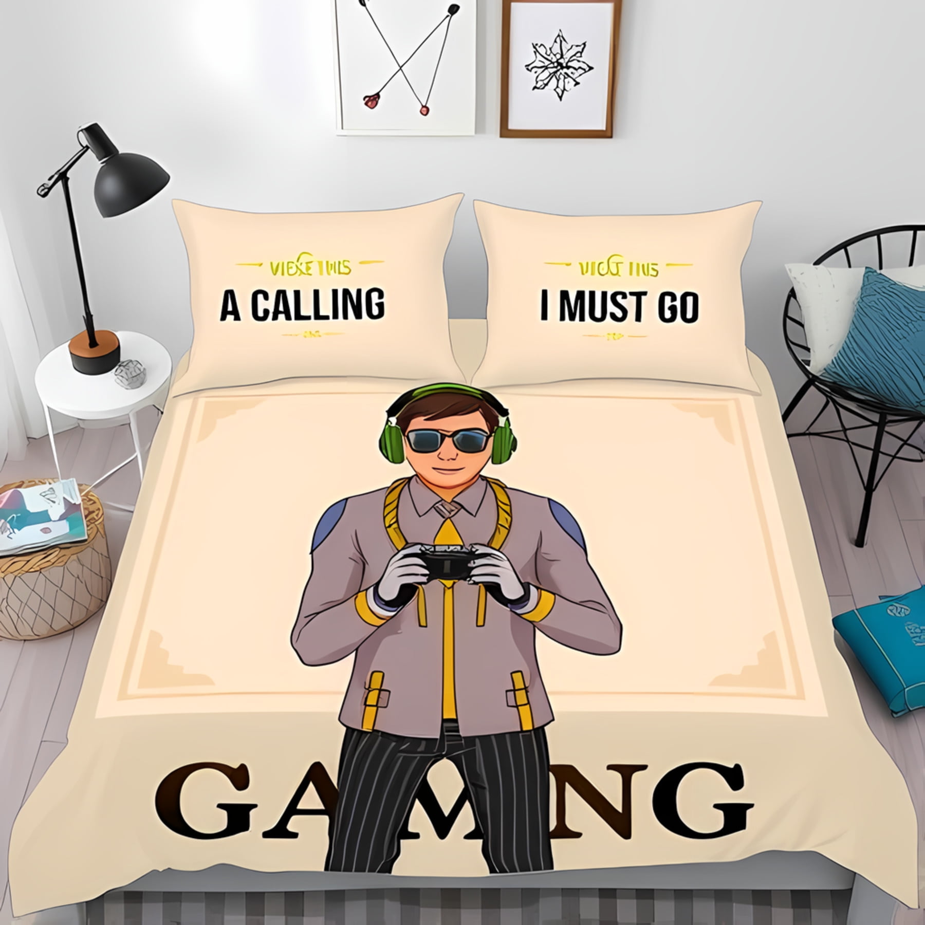 3-Piece Cream Gamer Duvet Cover Set with Cartoon Illustration ...