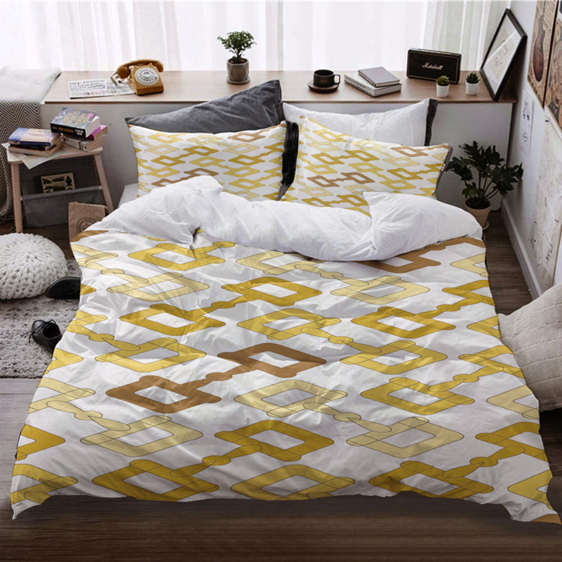 3-Piece Creamy White Duvet Cover Set with Geometric Gold & Tan Pattern ...