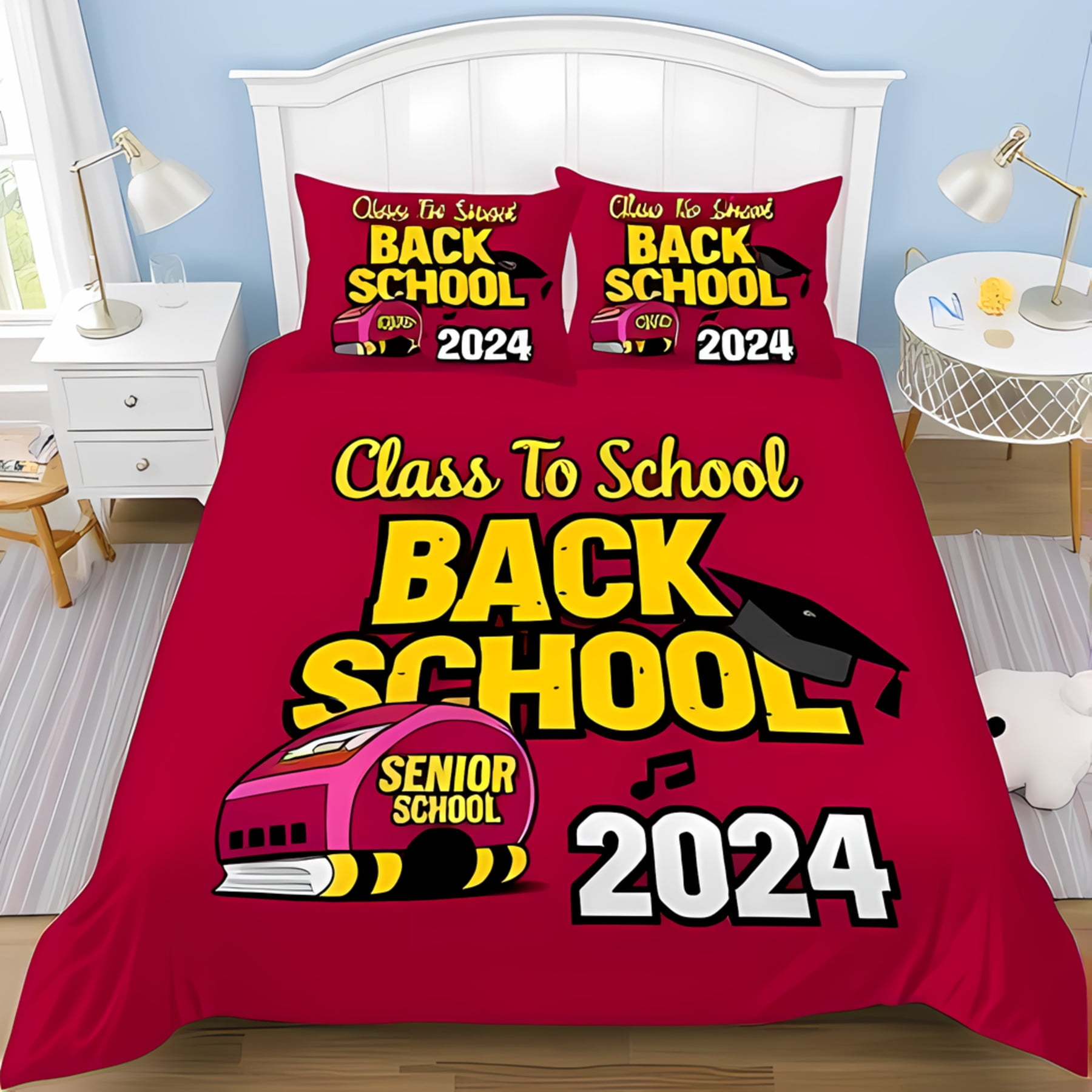 3-Piece Crimson Duvet Cover Set with Pink School Bus & Graduation ...