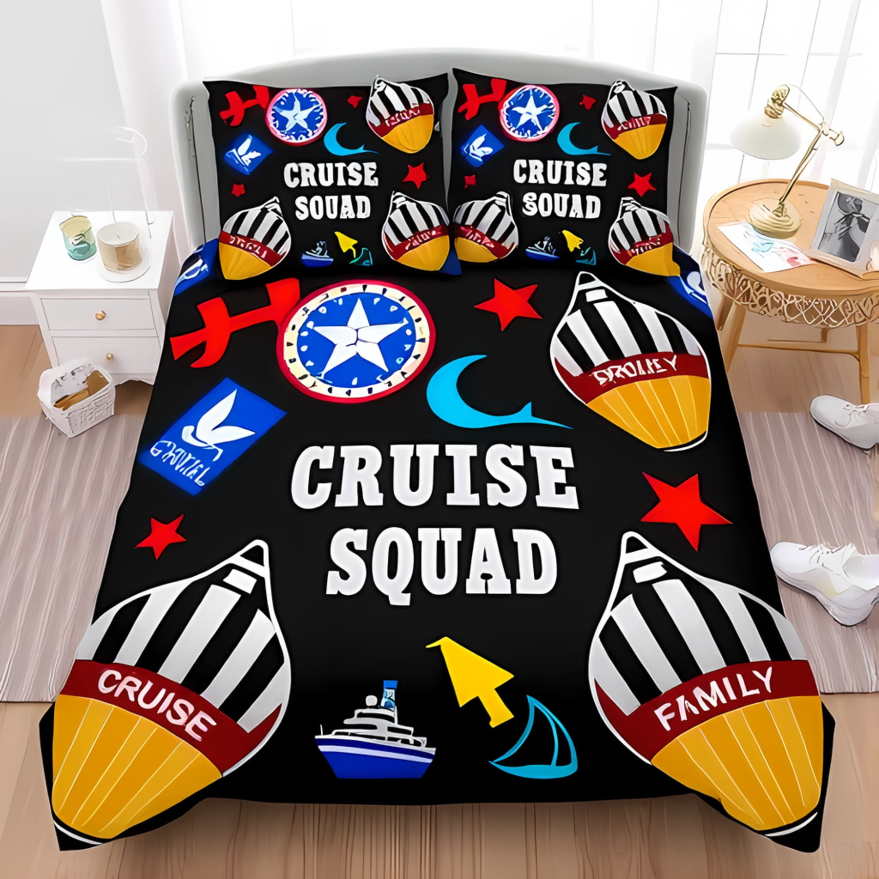 3-Piece Cruise Duvet Cover Set - Colorful Ships & Designs on Black ...