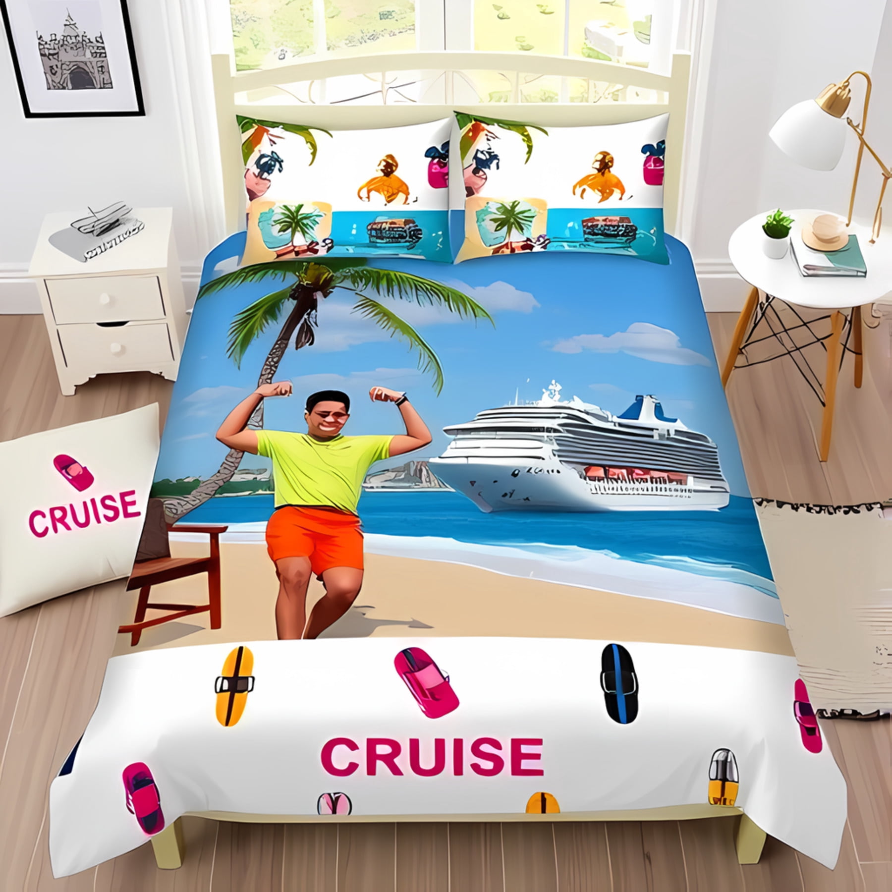 3-Piece Cruise Vacation Duvet Cover Set - Tropical Beach Scene with ...